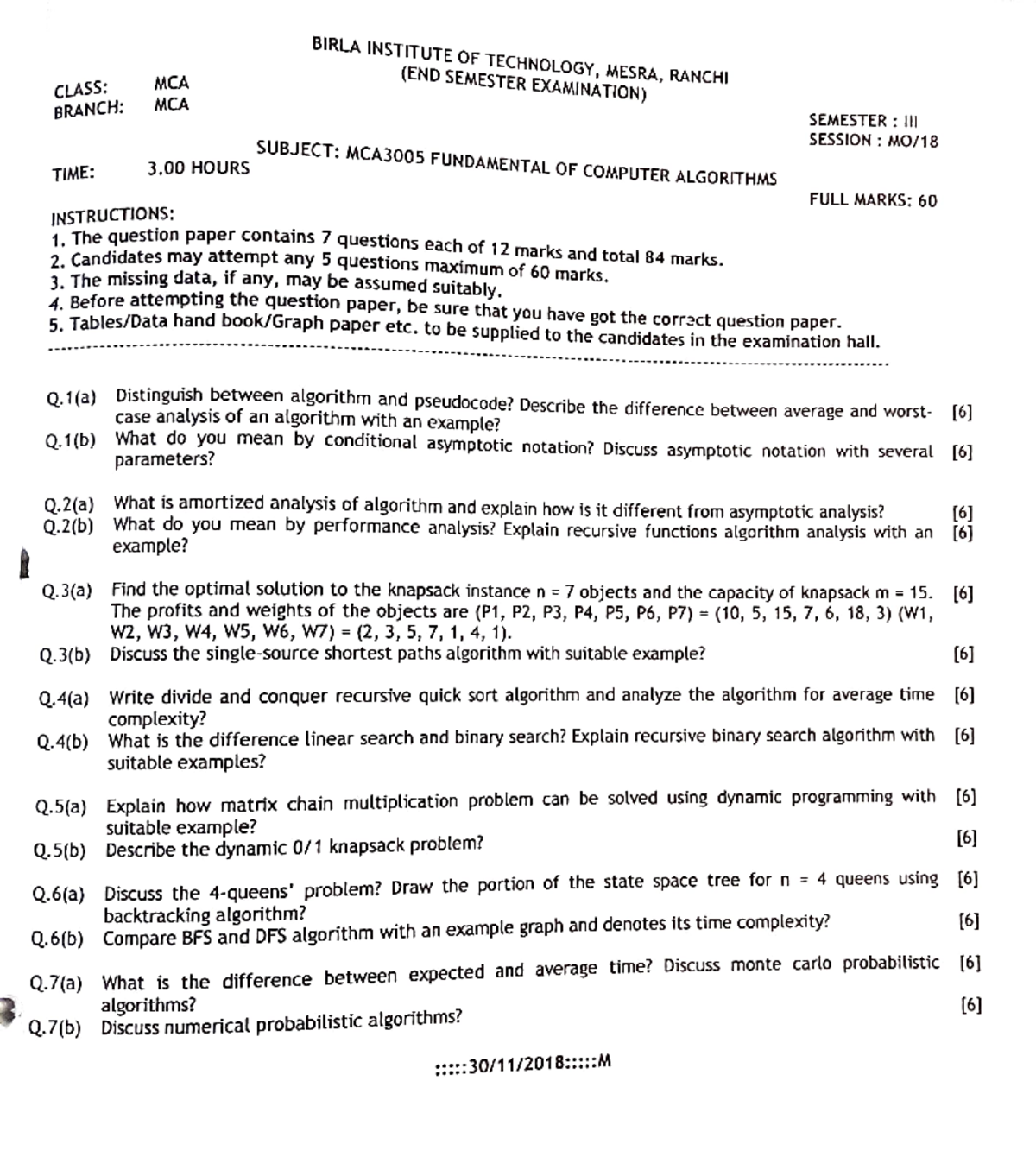 AOA previous year questions - BIRLA INSTITUTE OF (END SEMESTERTECHNOLOGY, EXAMINATION) MESRA ...