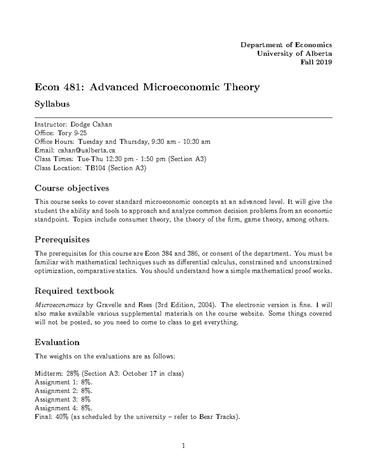 2019 Fall Econ 481 Lecture A3 Department Of Economics University Of Alberta Fall 2019 Econ 481