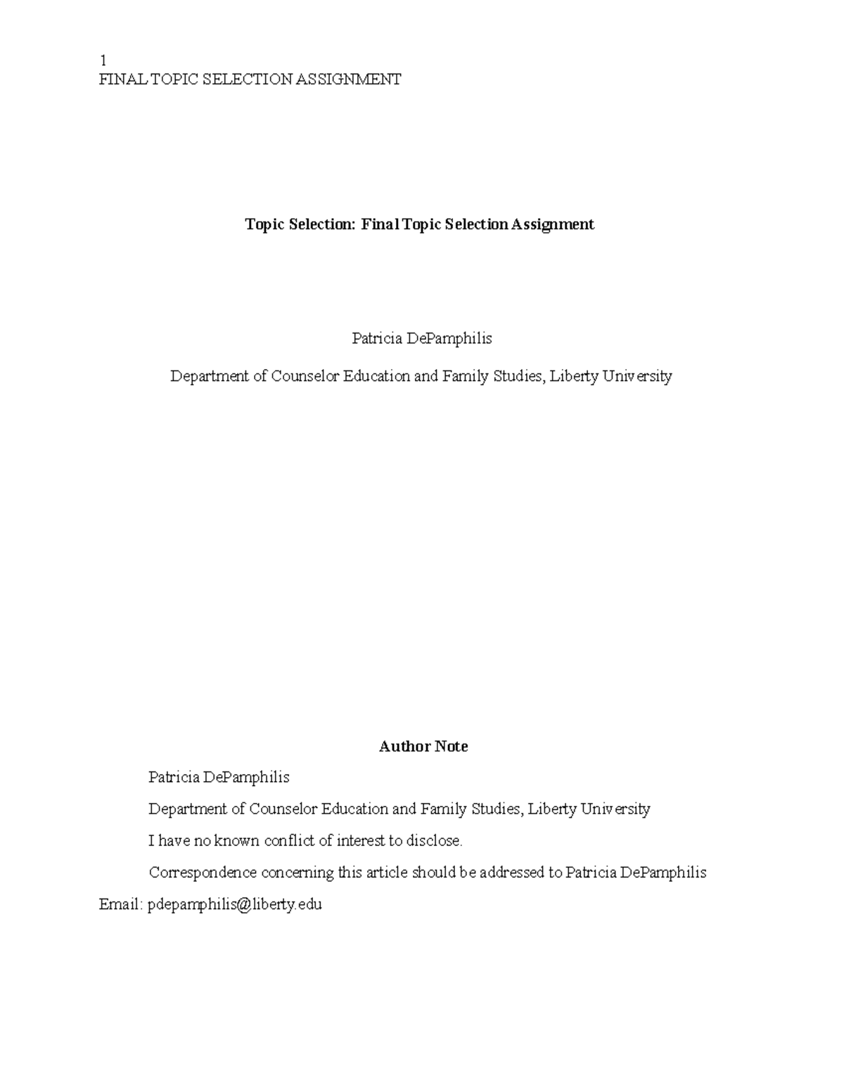 COUC515 Topic Selection Final Topic Selection Assignment pdepamphilis - 1 FINAL TOPIC SELECTION ...