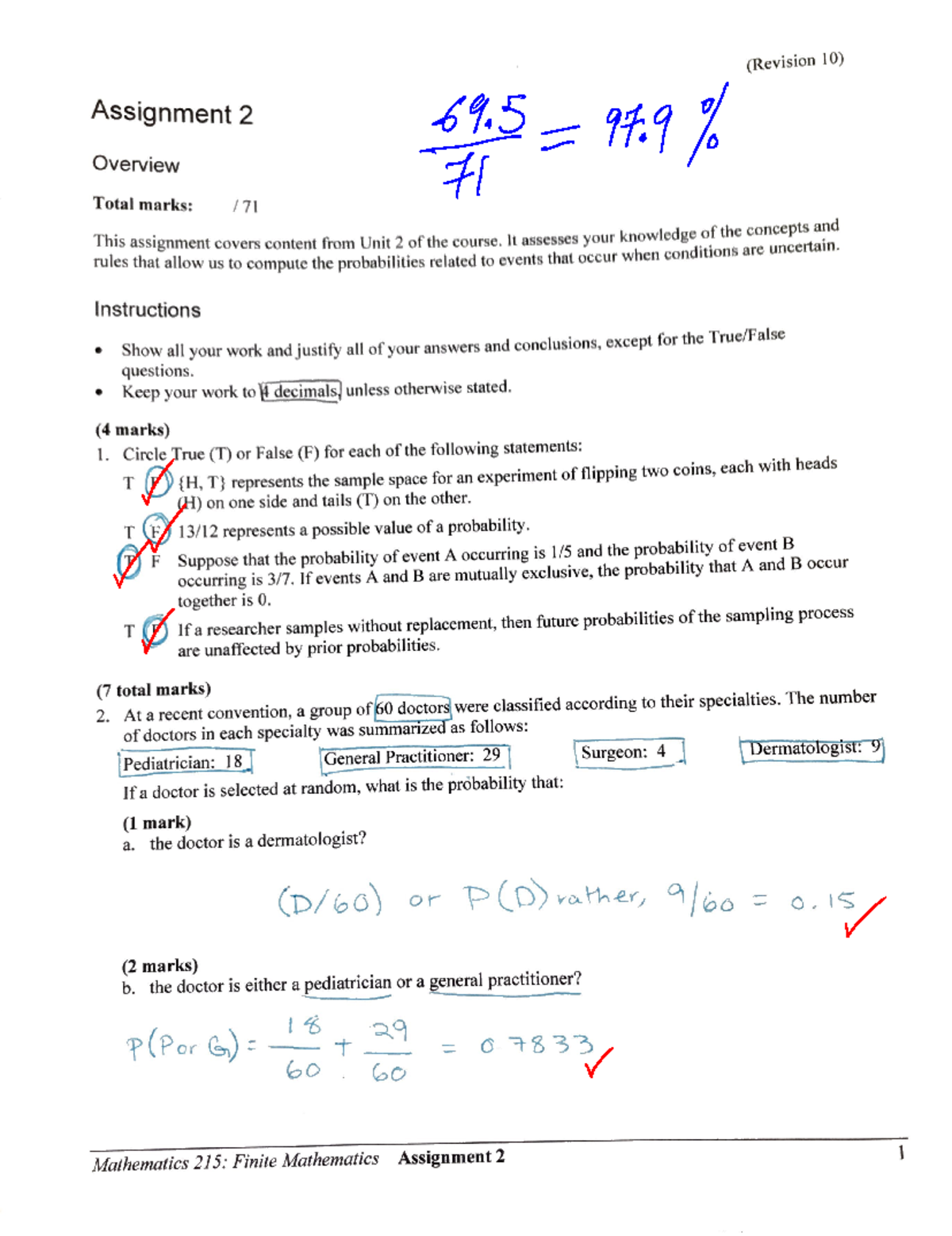 MATH215-Unit 1-Assignment 1-Probability- Mysha Perrault - if j Z Total marks: of the concepts ...