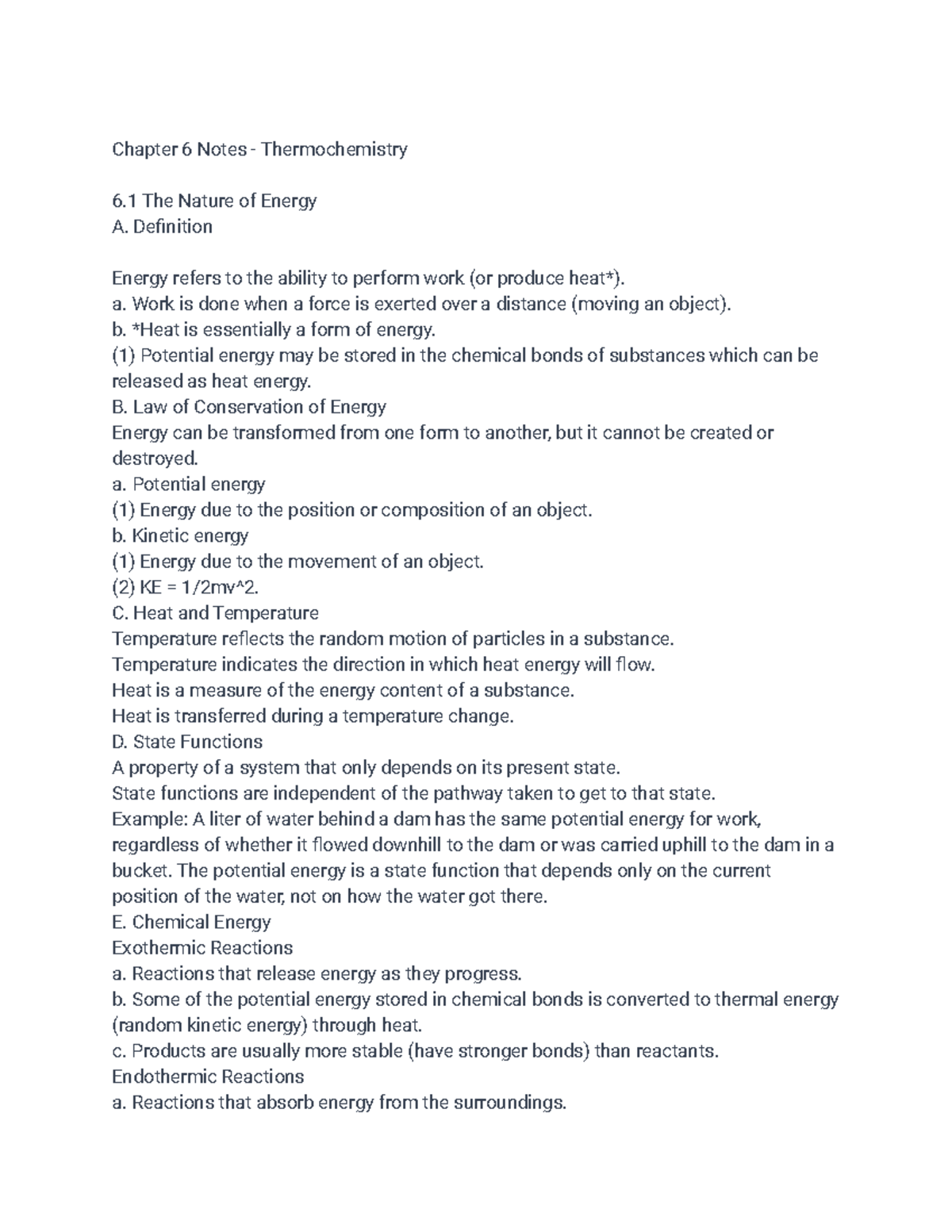 Chapter 6 Thermochemistry - Chapter 6 Notes - Thermochemistry 6 The ...