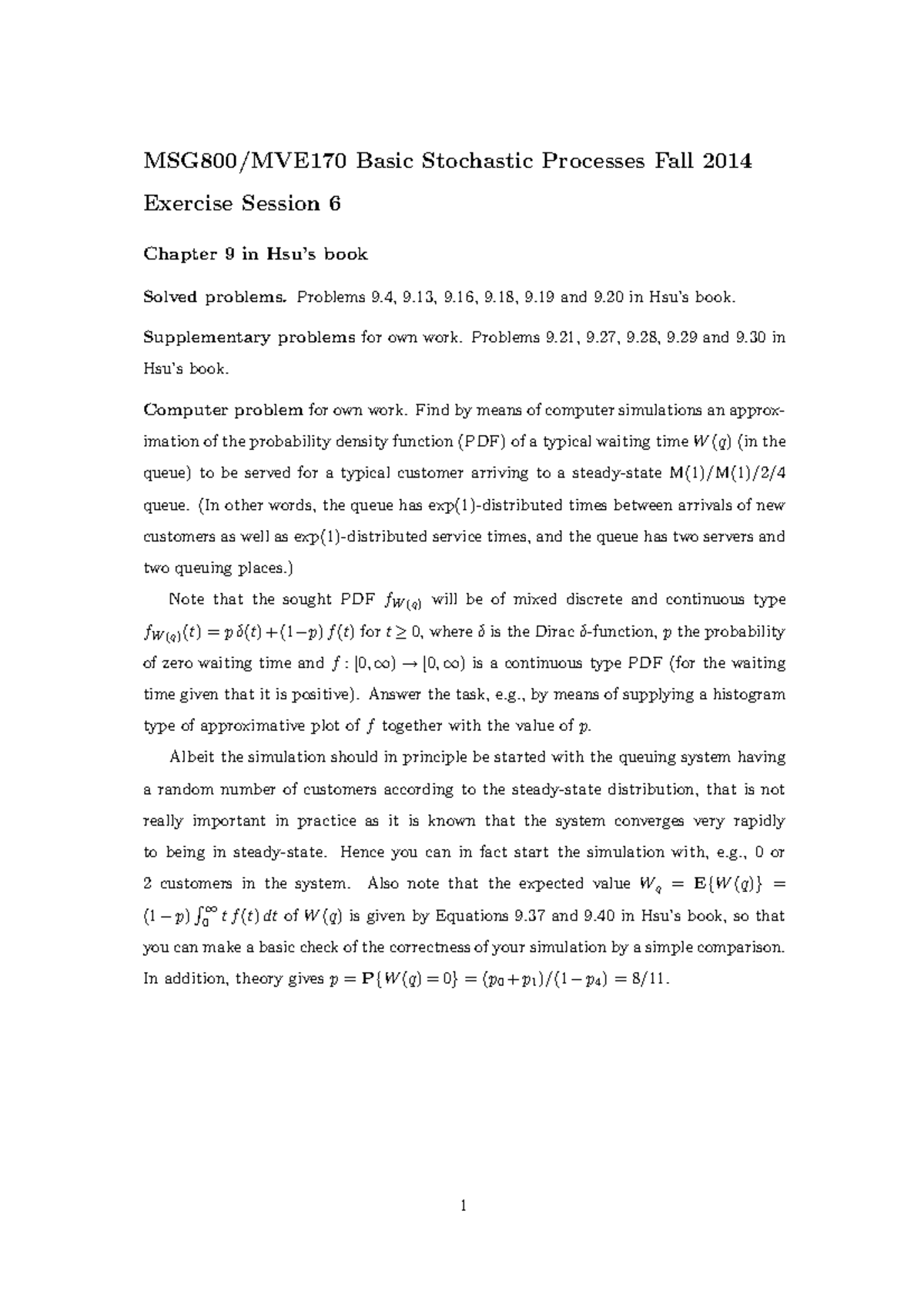 Exercise From Chapter 9 Basic Stochastic Processes Basic Stochastic Processes Fall 2014