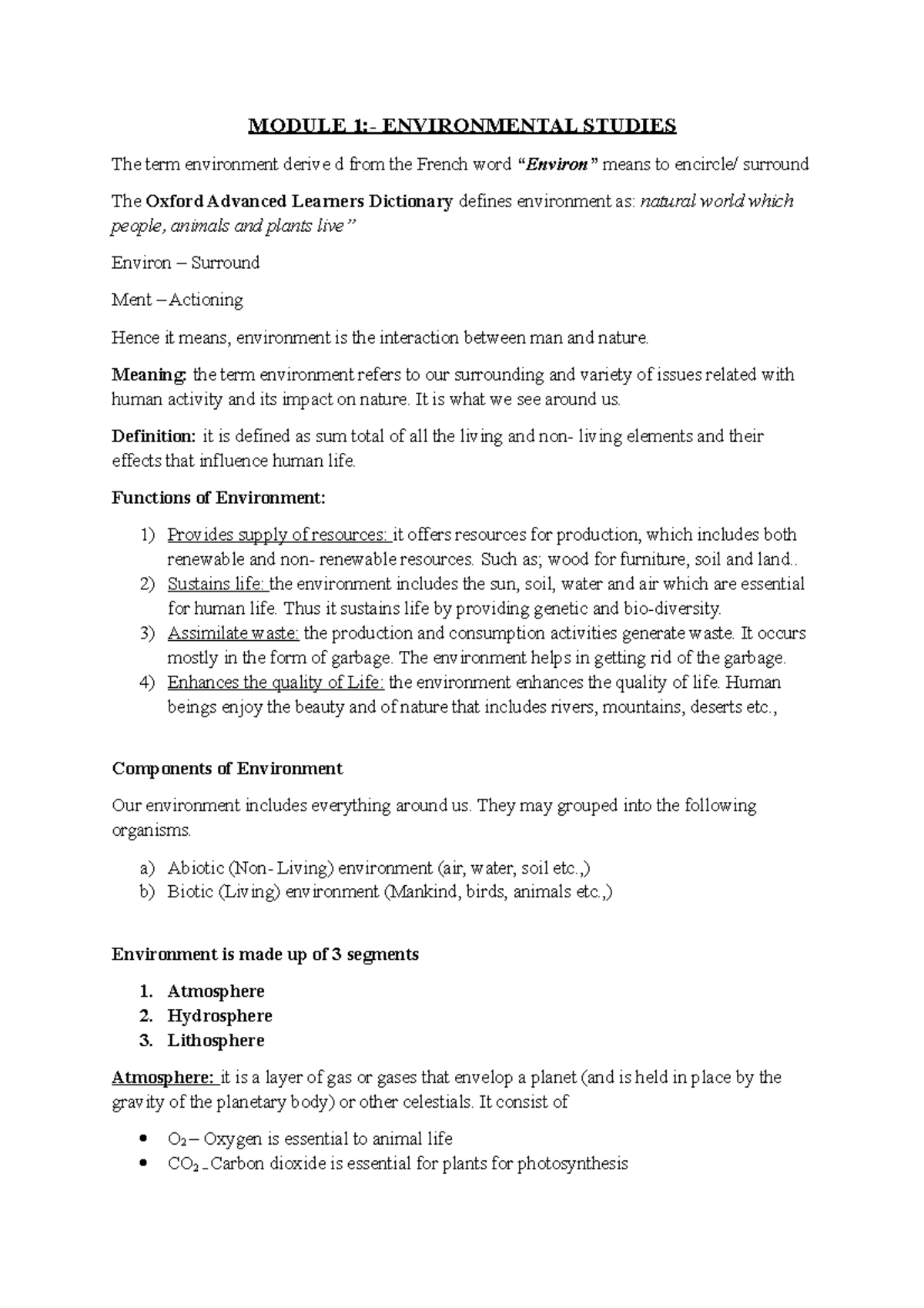 EVS Module 1 - nothing - MODULE 1:- ENVIRONMENTAL STUDIES The term environment derive d from the ...