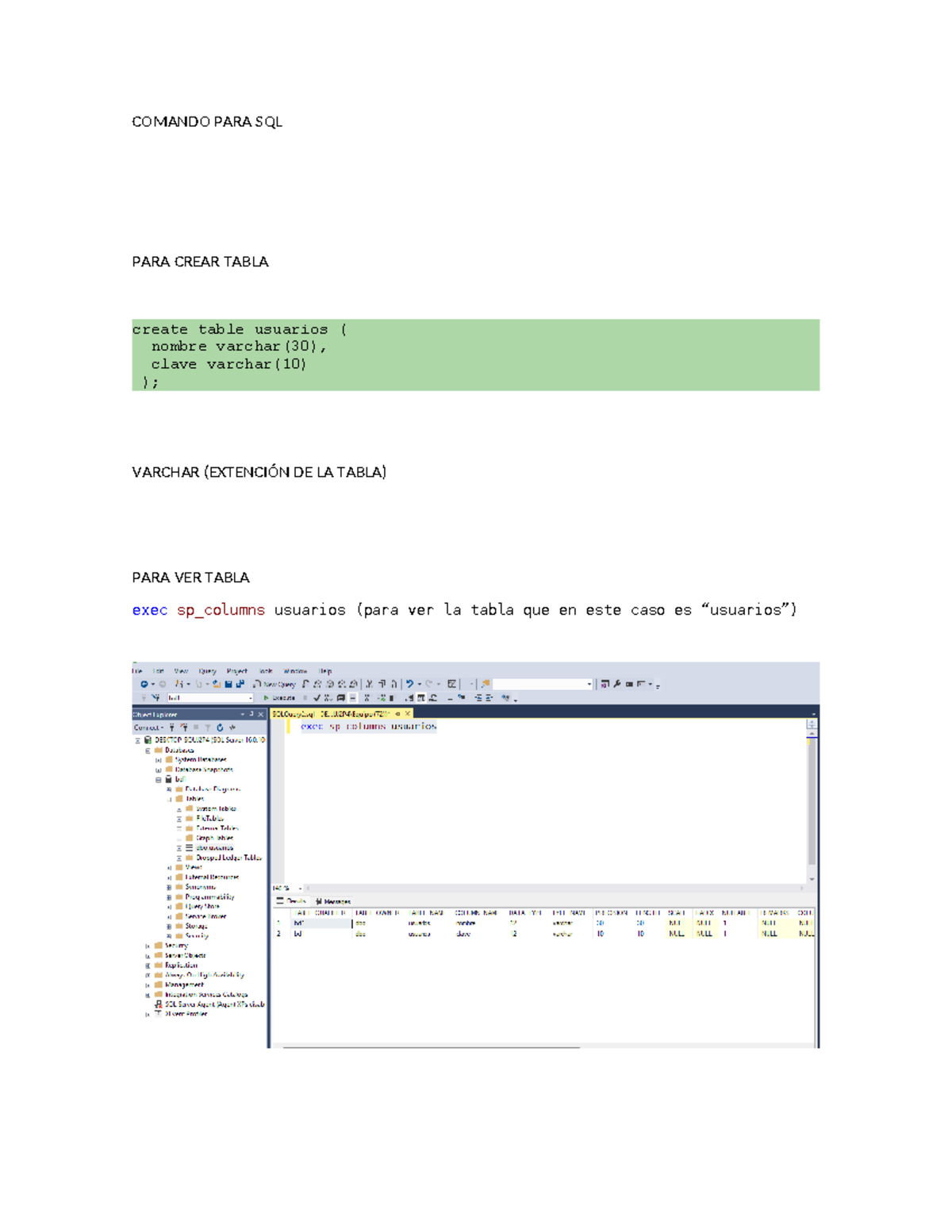 Comando PARA SQL - COMANDO PARA SQL PARA CREAR TABLA create table ...