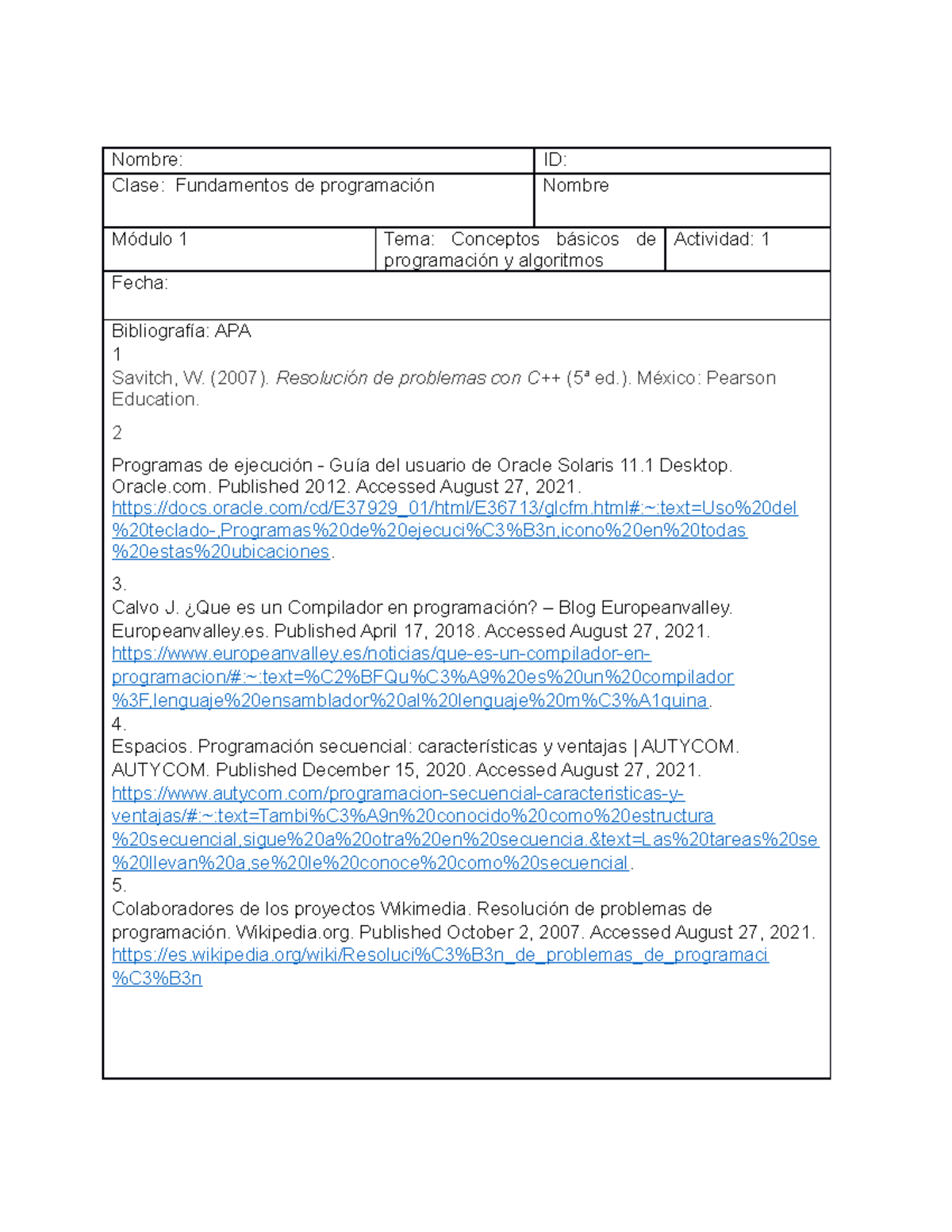 Actividad 1 Conceptos básicos de programación y algoritmos - Nombre: ID: Clase: Fundamentos de ...