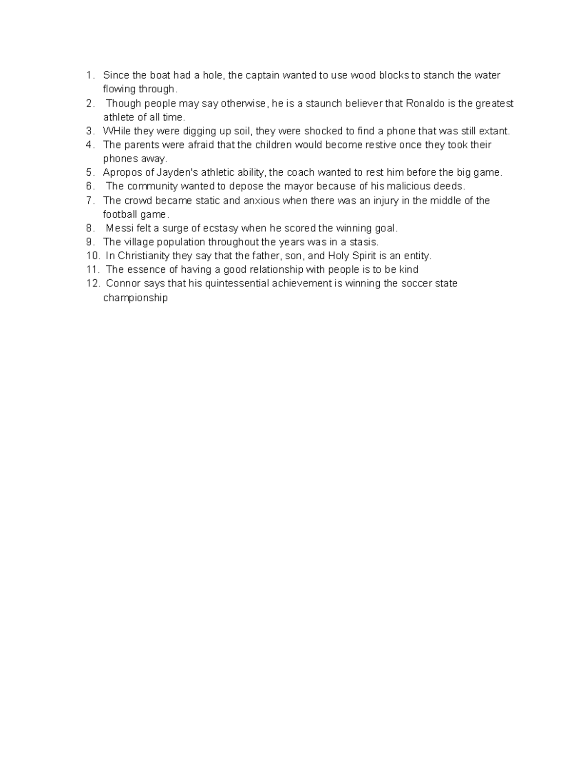 Vocab Unit 2 Sentences - Since the boat had a hole, the captain wanted ...