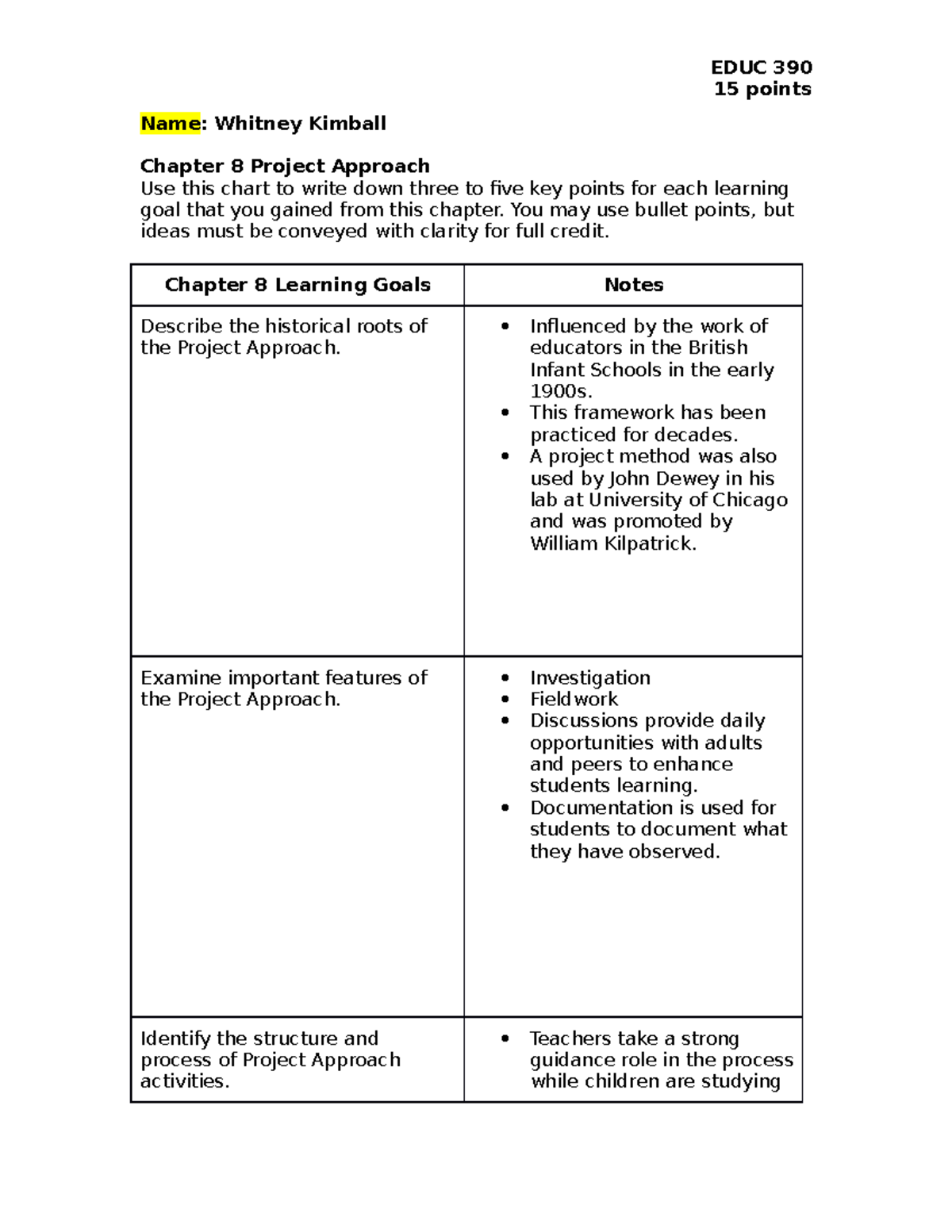 EDUC 390 Chapter 8 Key Points - EDUC 390 15 points Name: Whitney ...