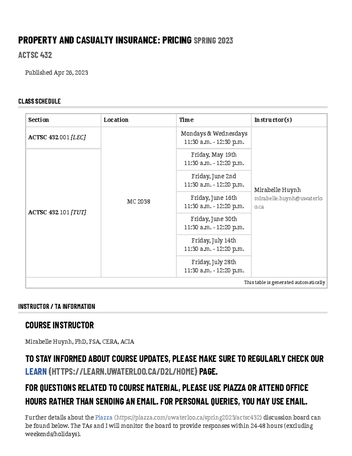 A432 Course Outline - Property and Casualty Insurance Pricing ...