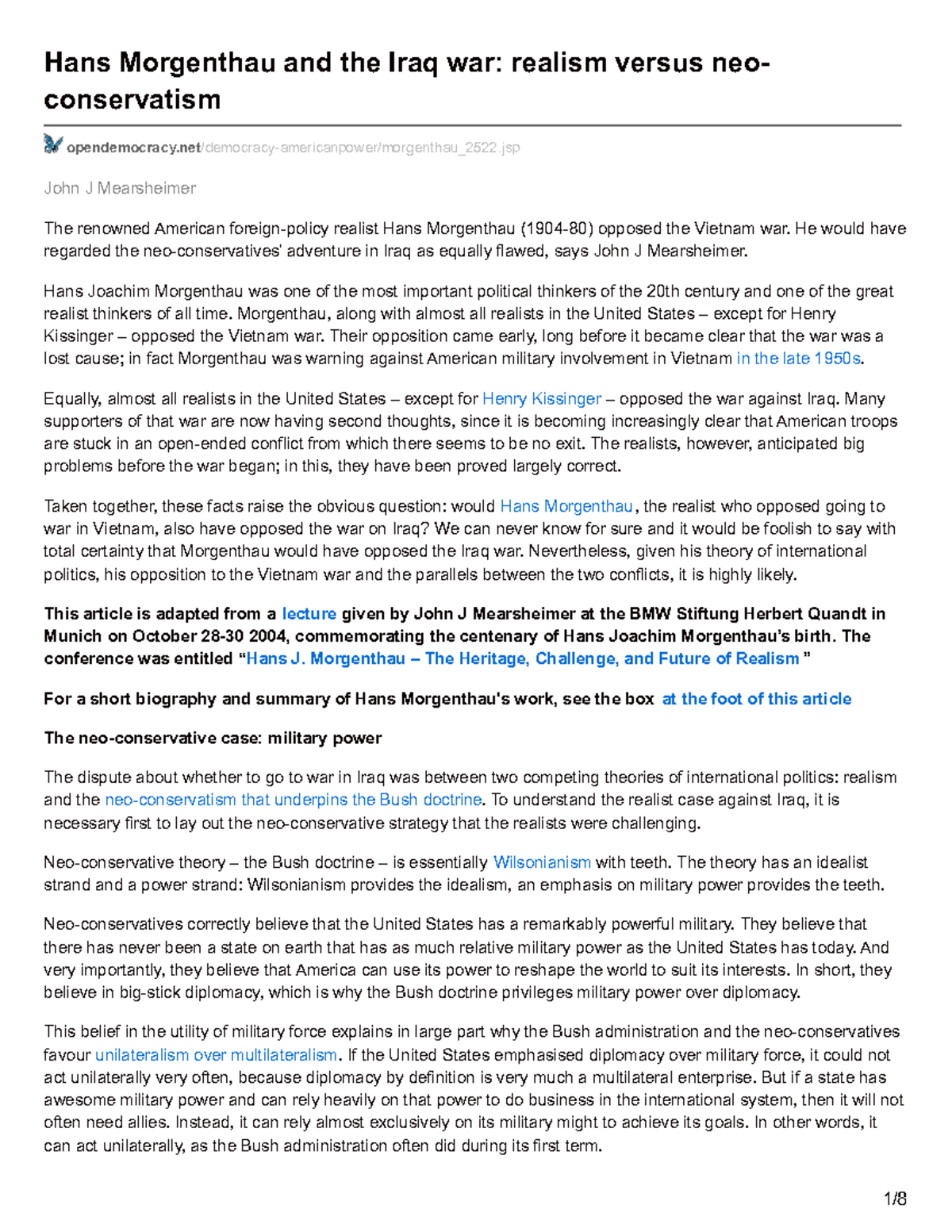 Mearsheimer- Hans Morgenthau and the Iraq war realism versus neo ...