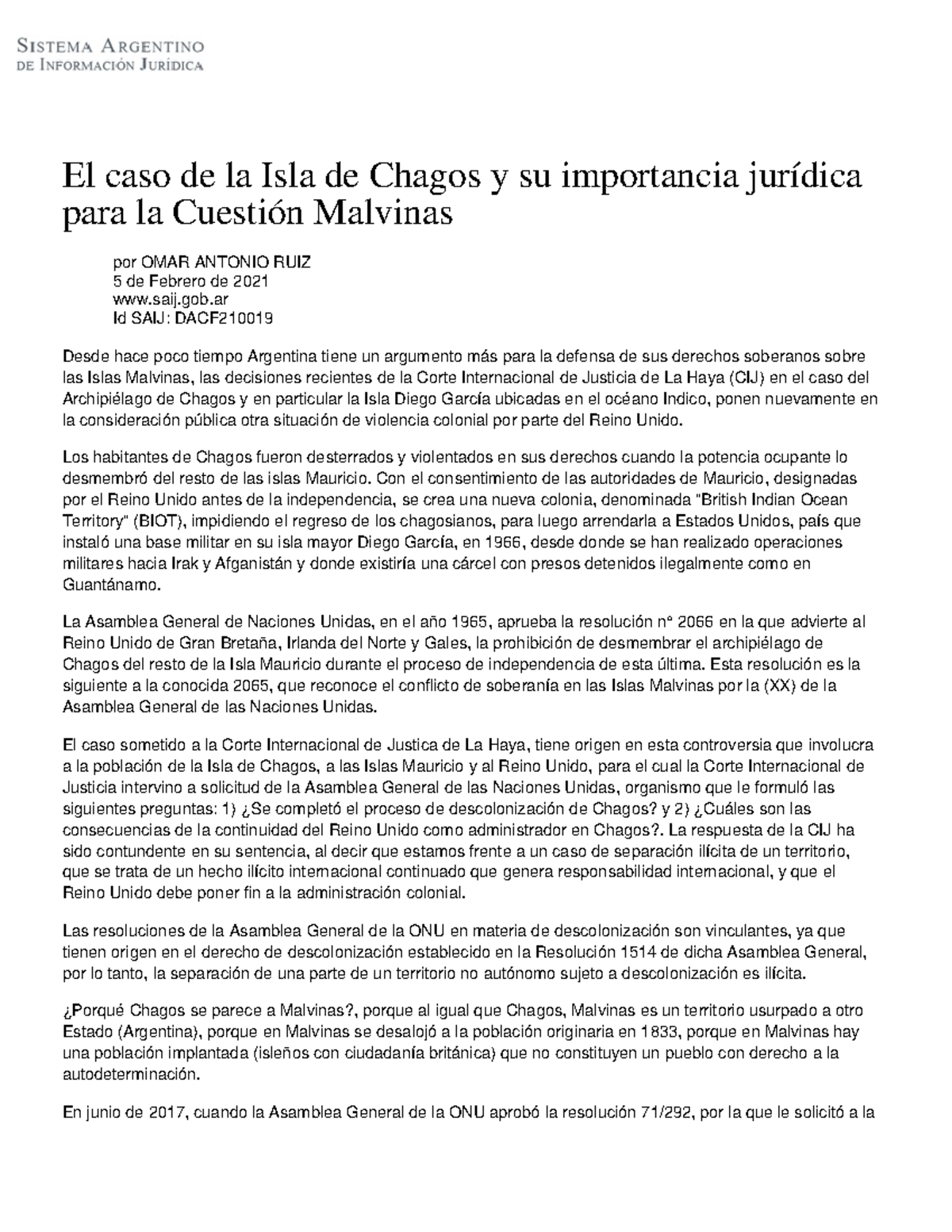 El Caso De La Isla De Chagos Y Su Importancia Jurídica Para La Cuestión