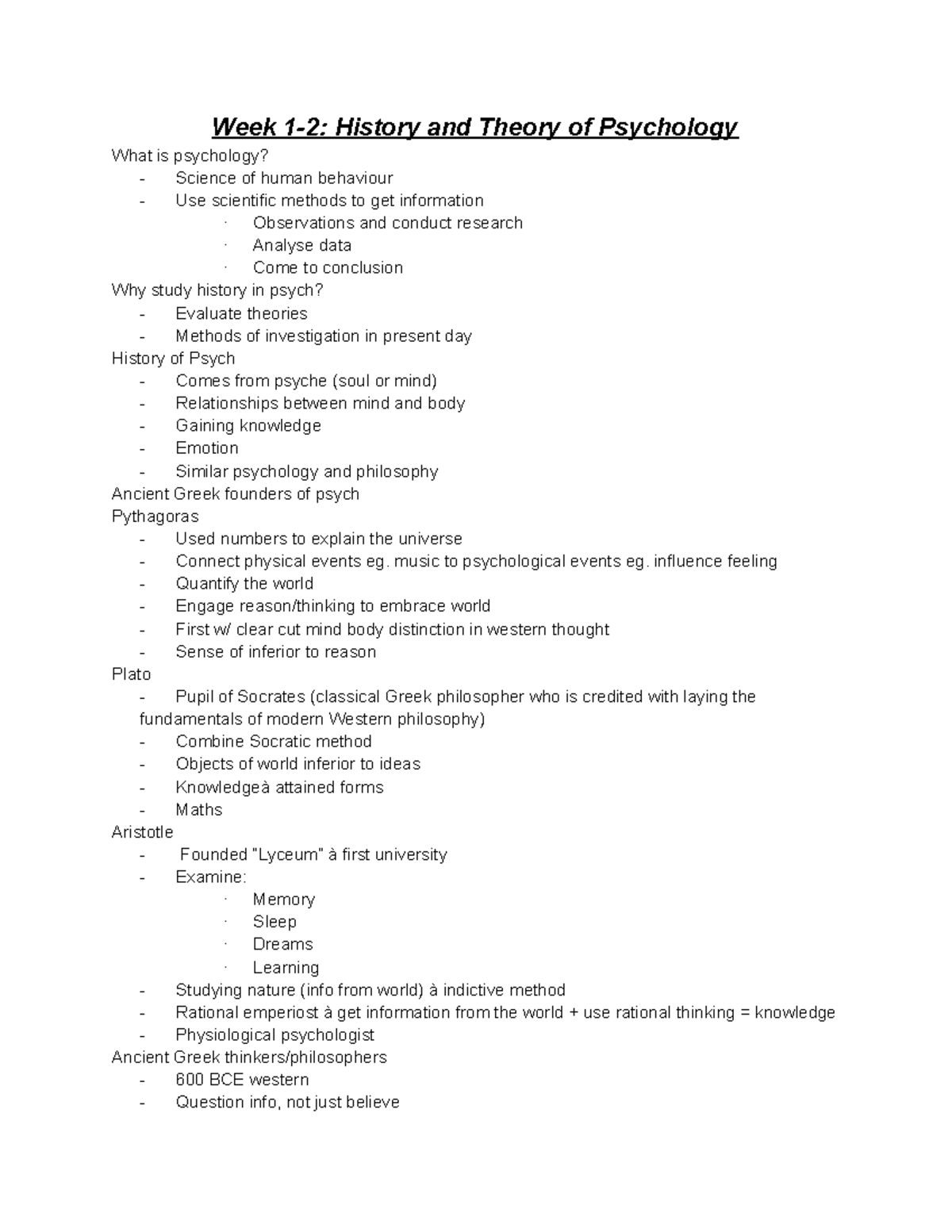 Week 1-2 history and theory of psych - Week 1-2: History and Theory of ...