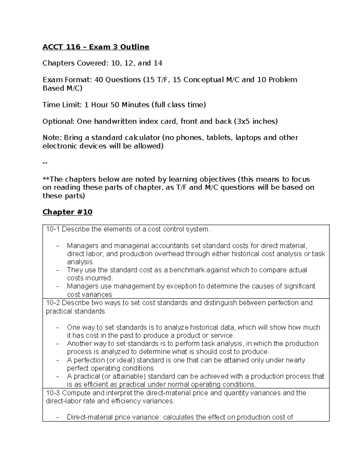 ACCT 116 Exam 3 Review - ACCT 116 – Exam 3 Outline Chapters Covered: 10 ...