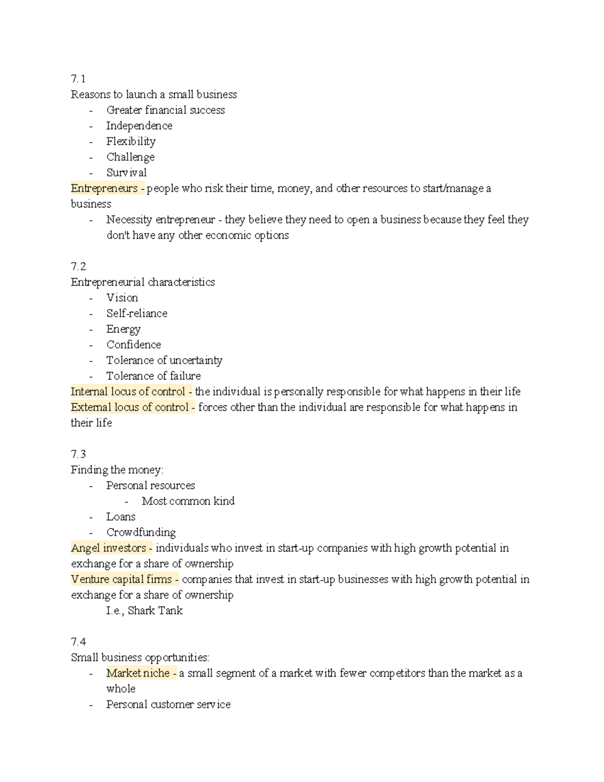 BUS101 Chapter 7 notes - 7. Reasons to launch a small business ...