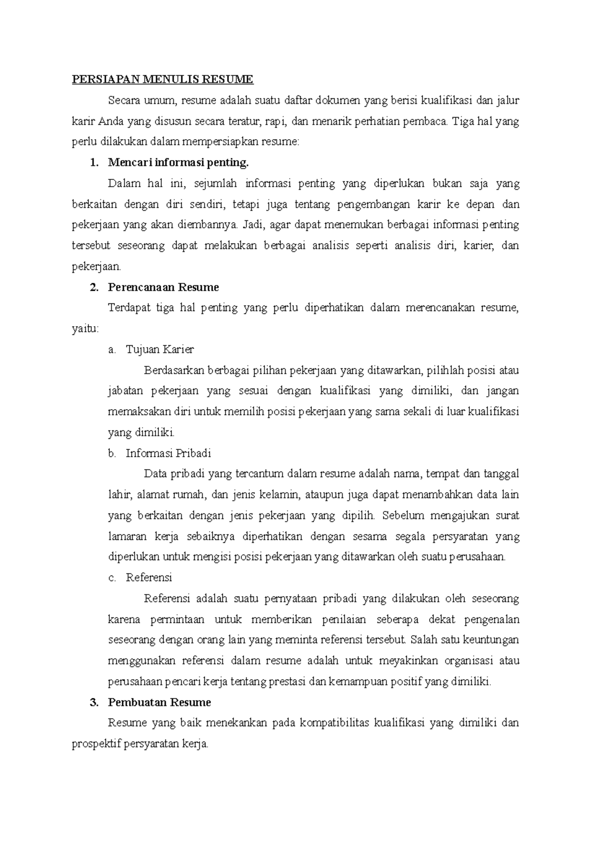 Persiapan Menulis Resume - PERSIAPAN MENULIS RESUME Secara umum, resume ...