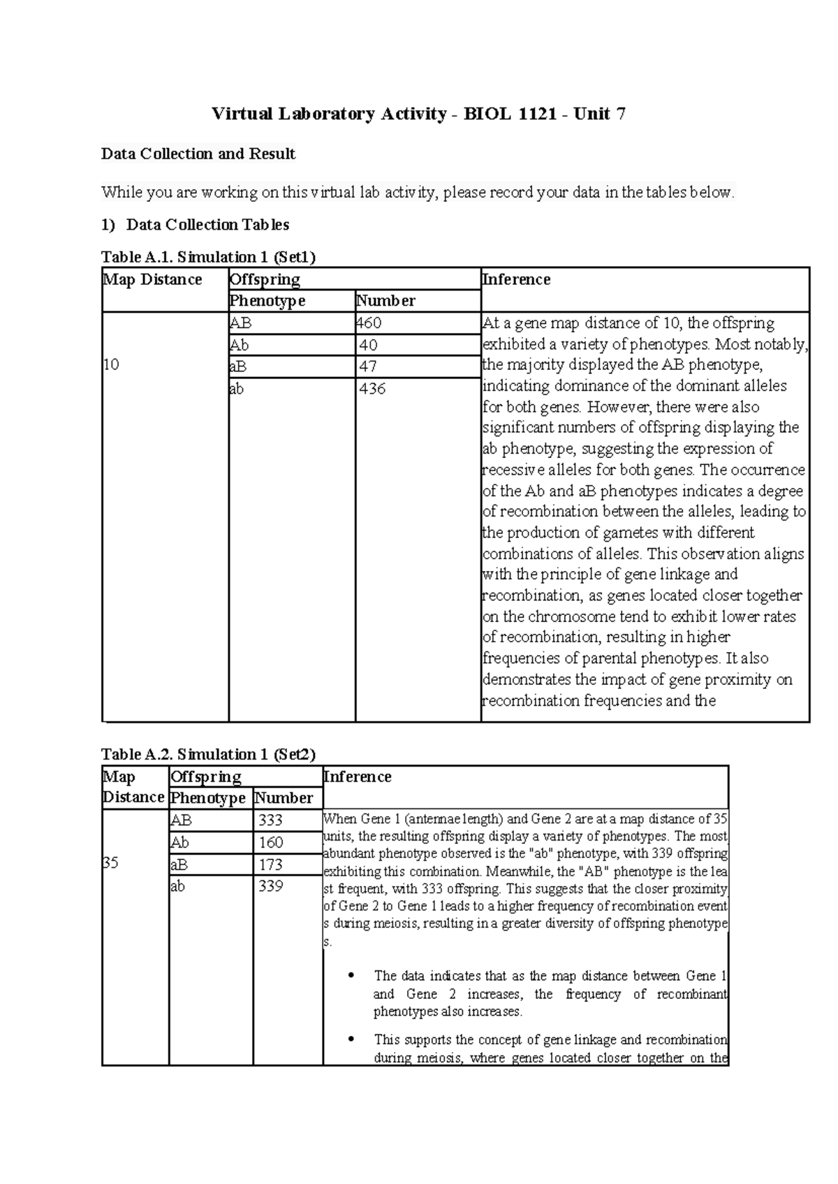 New Experiment 6 -Data - Virtual Laboratory Activity - BIOL 1121 - Unit 7 Data Collection and ...