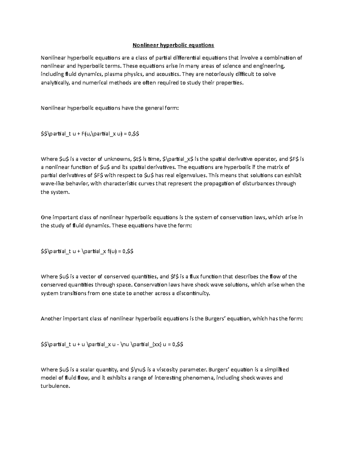 Nonlinear Hyperbolic Equations These Equations Arise In Many Areas Of
