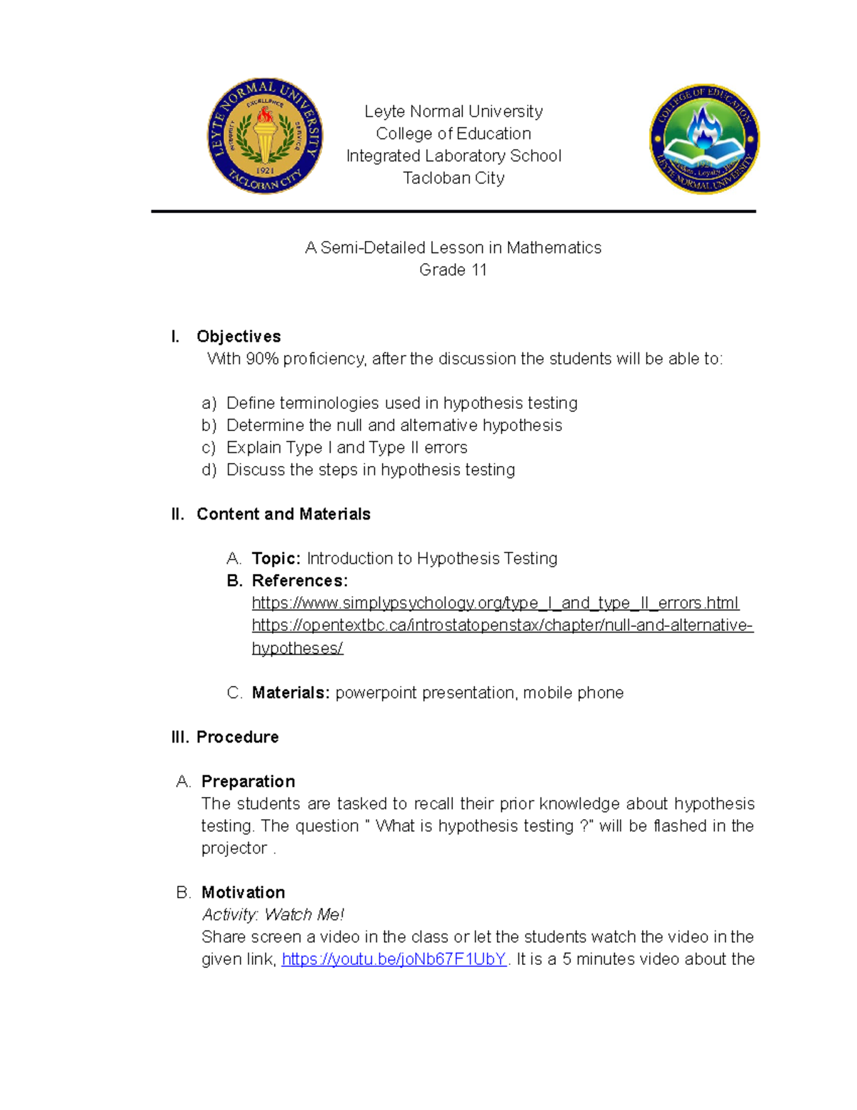 FS Lesson Plan Hypothesis Testing G 5 - Leyte Normal University College ...