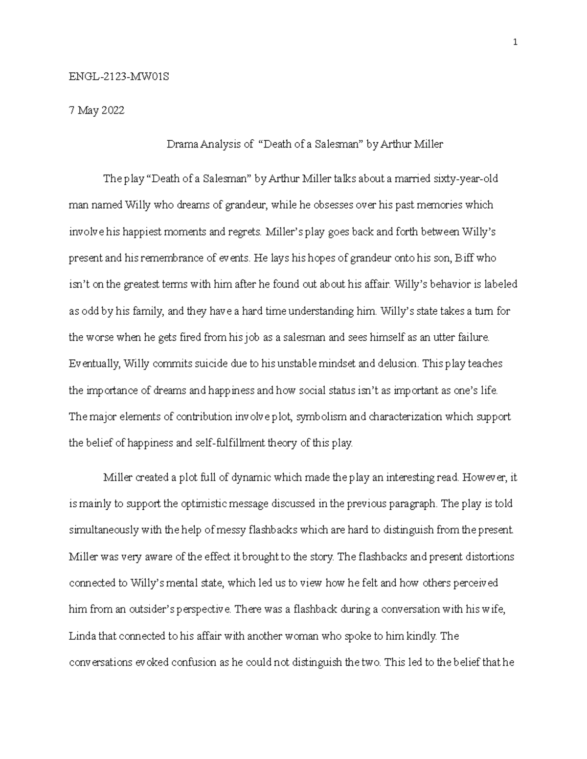 Essay 3 Drama Analysis - 1 ENGL-2123-MW01S 7 May 2022 Drama Analysis of ...