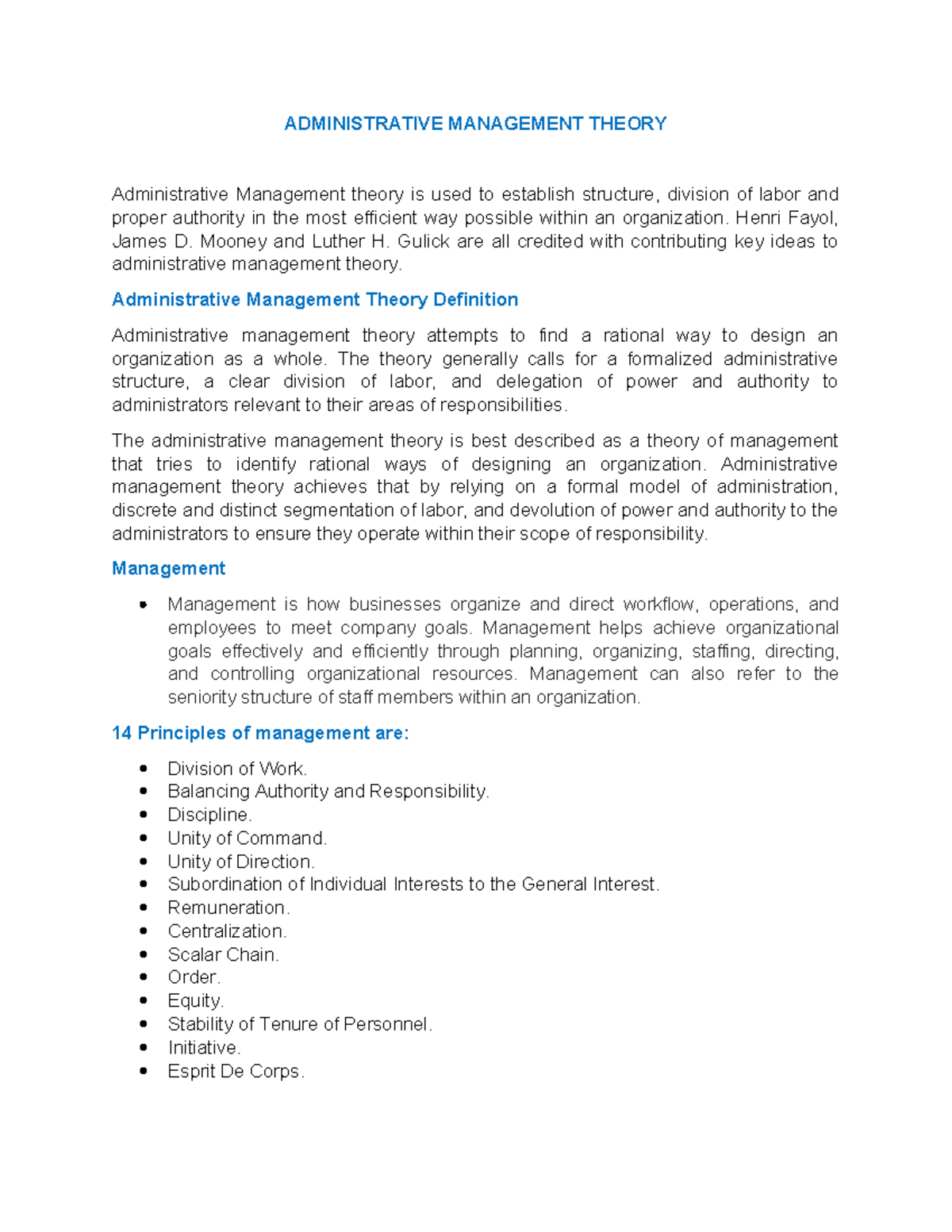 Administrative Management Theory - ADMINISTRATIVE MANAGEMENT THEORY ...