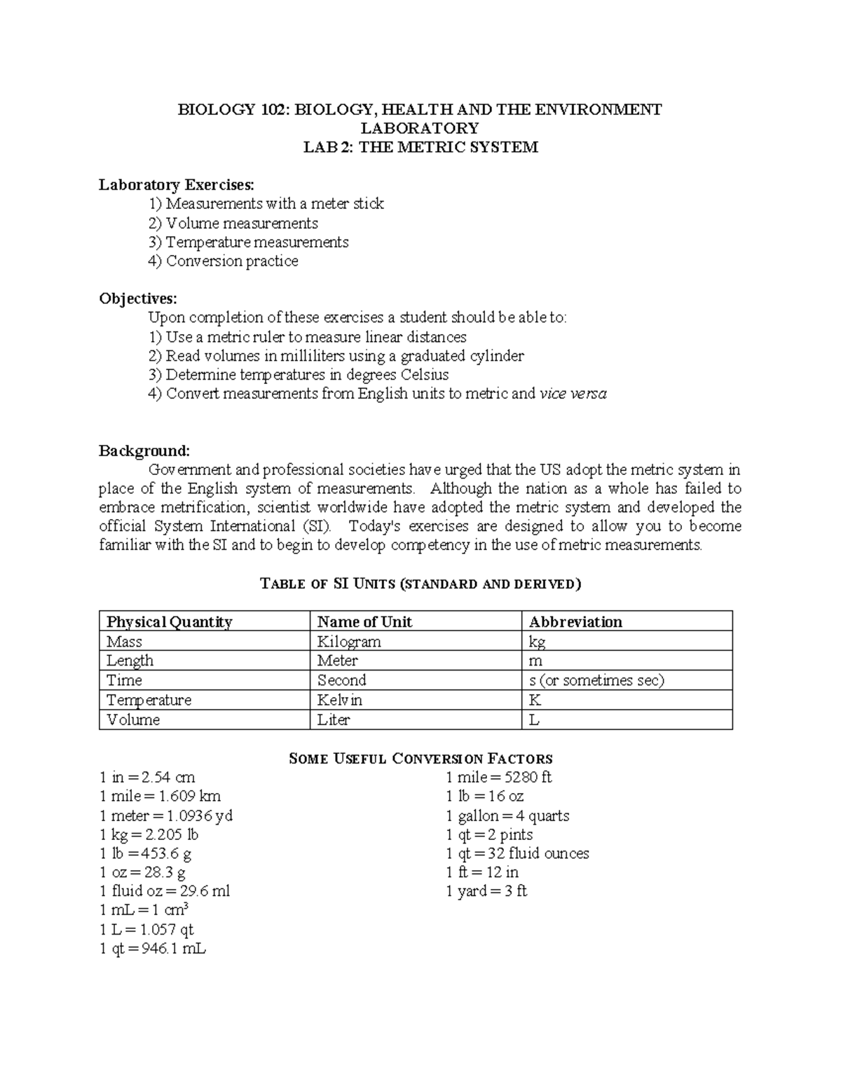102 lab- conversions - N/A - BIOLOGY 102: BIOLOGY, HEALTH AND THE ...