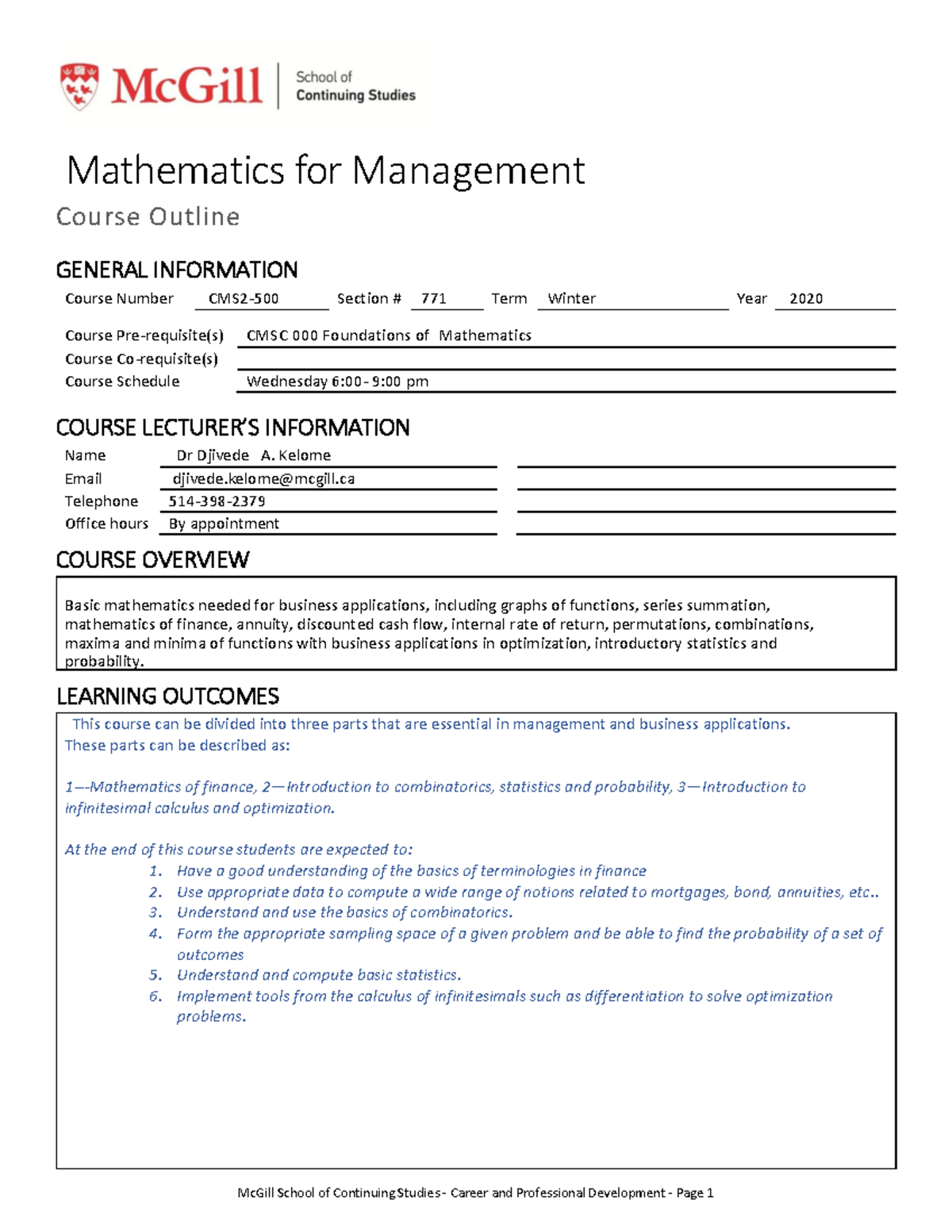 Outline CMS2 winter 2020 - Mathematics for Management Course Outline ...