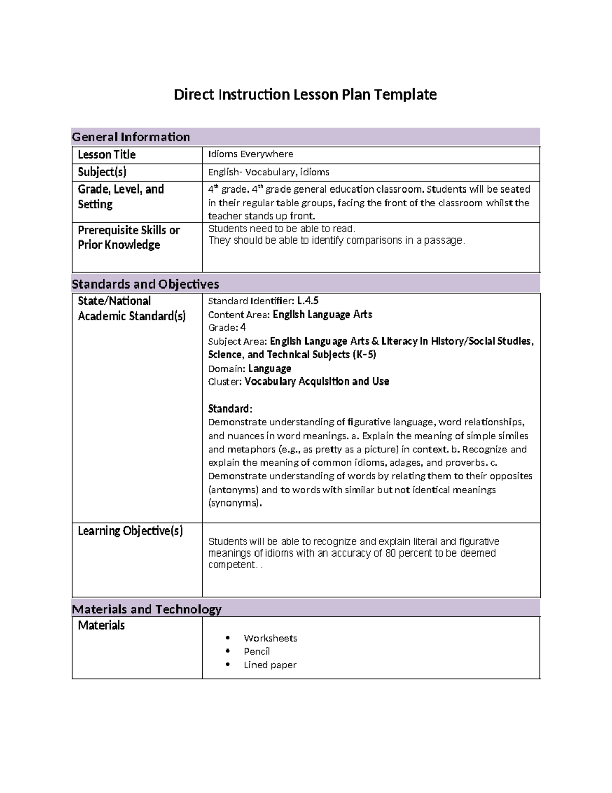 C909 Task 1 - passed - Direct Instruction Lesson Plan Template General Information Lesson Title ...