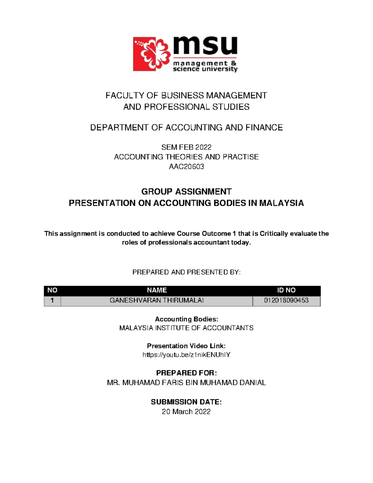Assignment 1 (MIA) - Malaysian Institute of Accounting - FACULTY OF ...