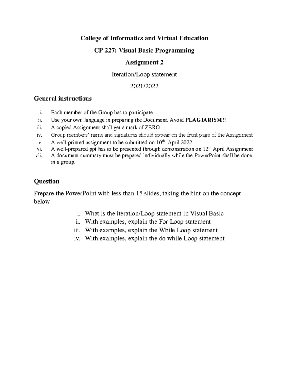 Programming in virtual basic - College of Informatics and Virtual ...