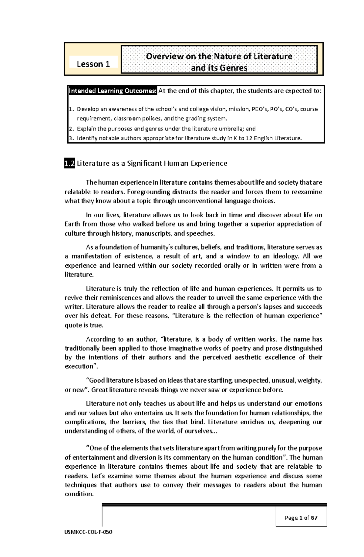 Teaching Literature-Content for weeks 1-4 - USMKCC-COL-F- Page 1 of 67 ...