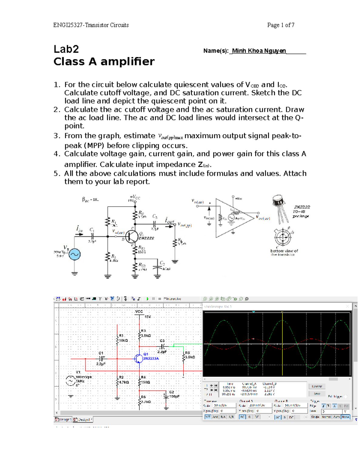 L2 Class A Amplifier Lab Assignment Lab2 Namesminh Khoa Nguyen