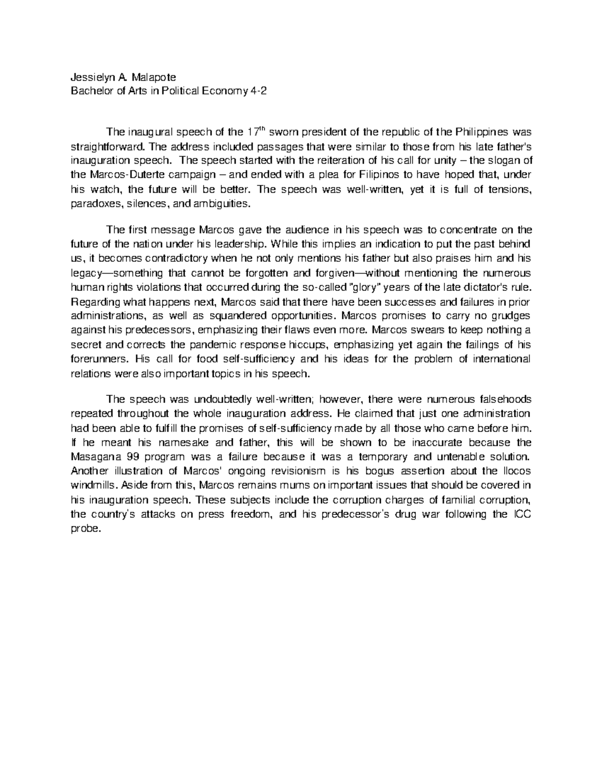 Reaction - Inaugural speech - Jessielyn A. Malapote Bachelor of Arts in ...