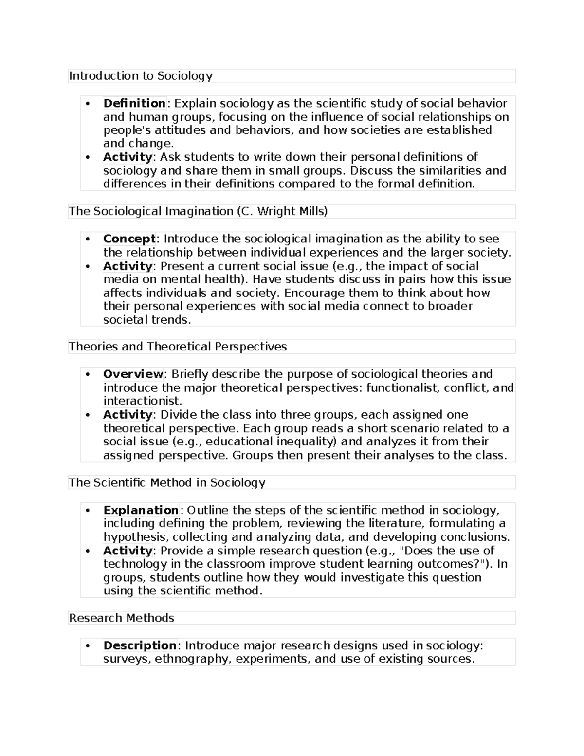 Chapter 1 Lecture Plan - Intro to Sociology - Introduction to Sociology ...