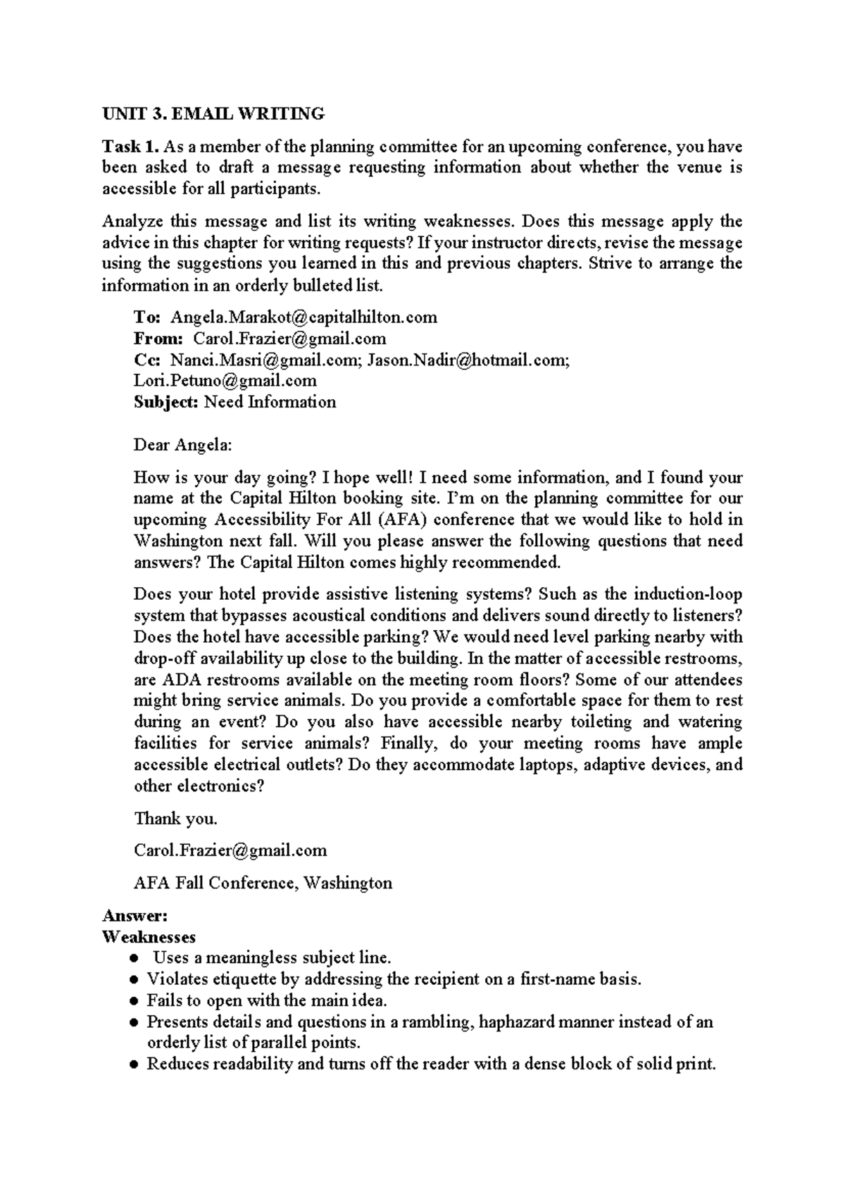 Emails Writing Practice KEY - UNIT 3. EMAIL WRITING Task 1. As a member ...