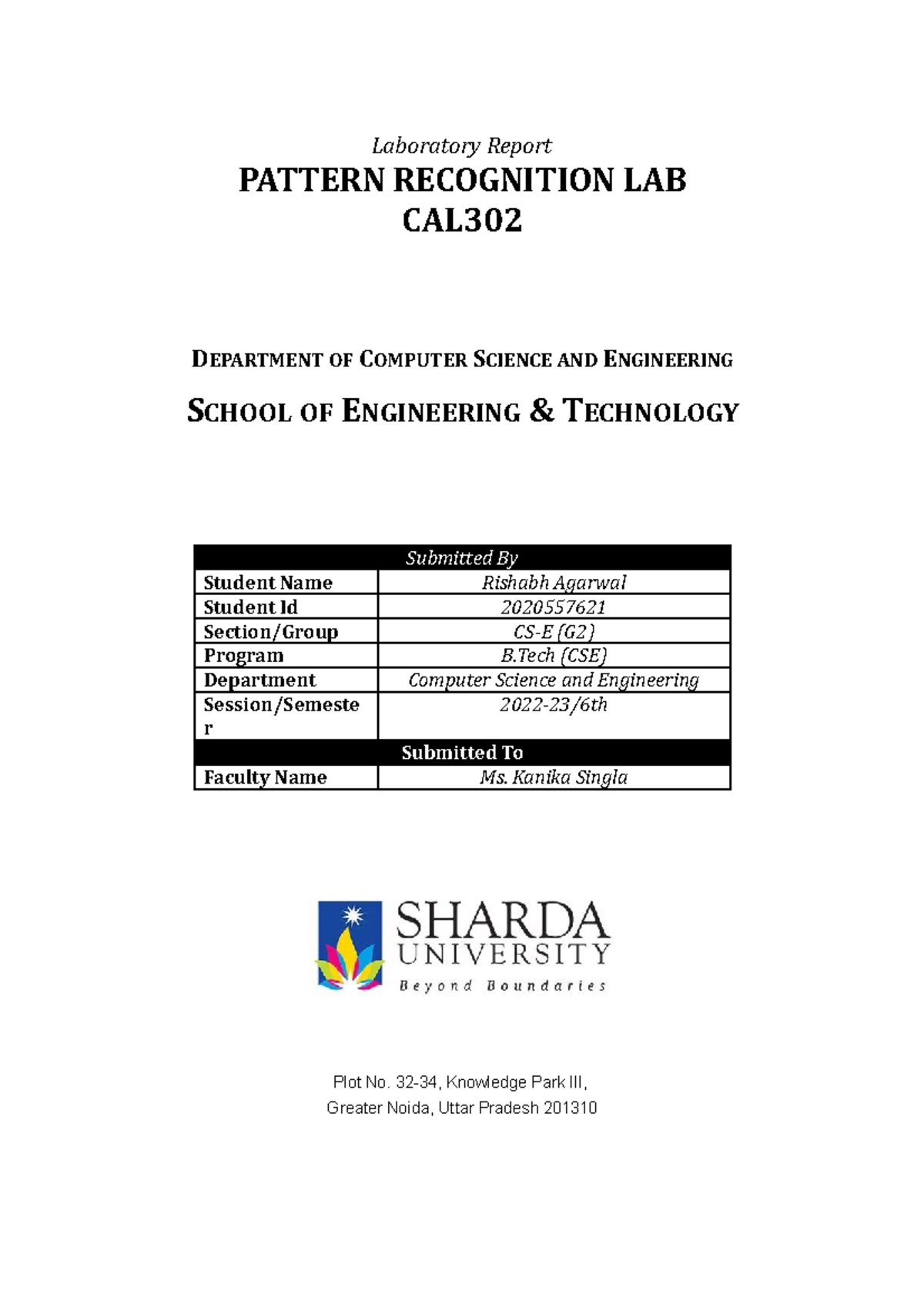 PR LAB FILE rish - Lab file - Laboratory Report PATTERN RECOGNITION LAB CAL DEPARTMENT OF ...