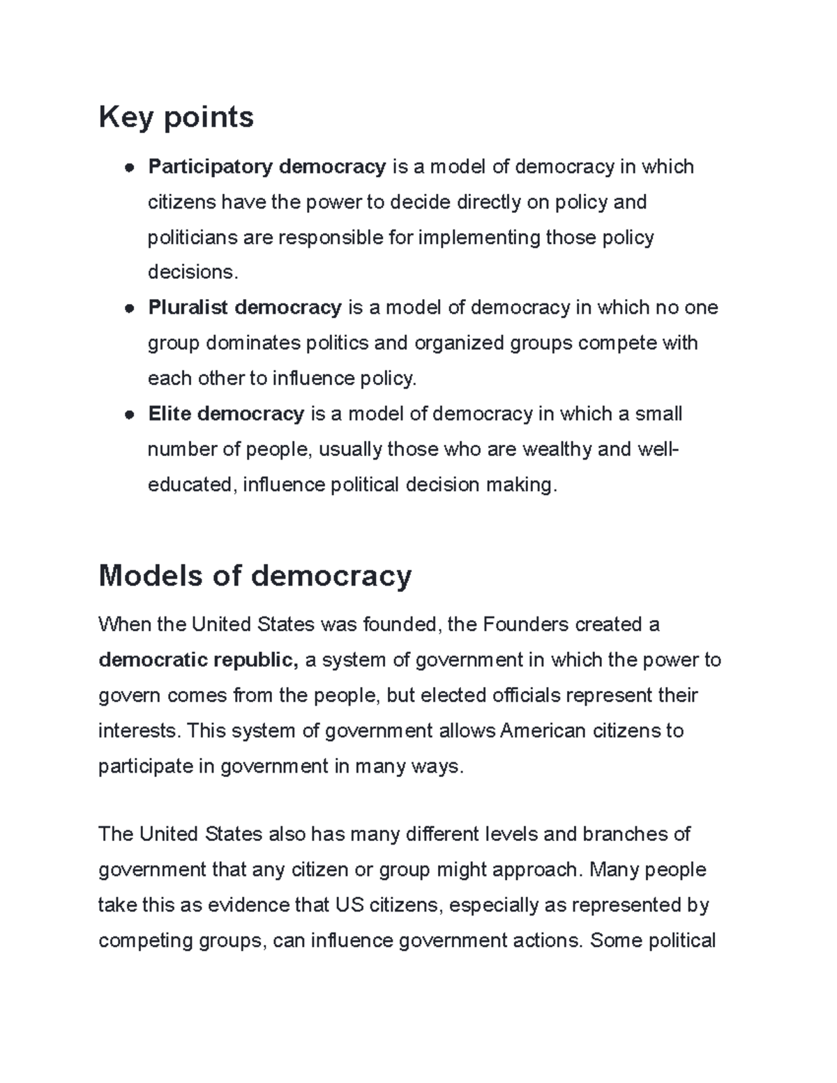 Types of democracy - Key points Participatory democracy is a model of ...