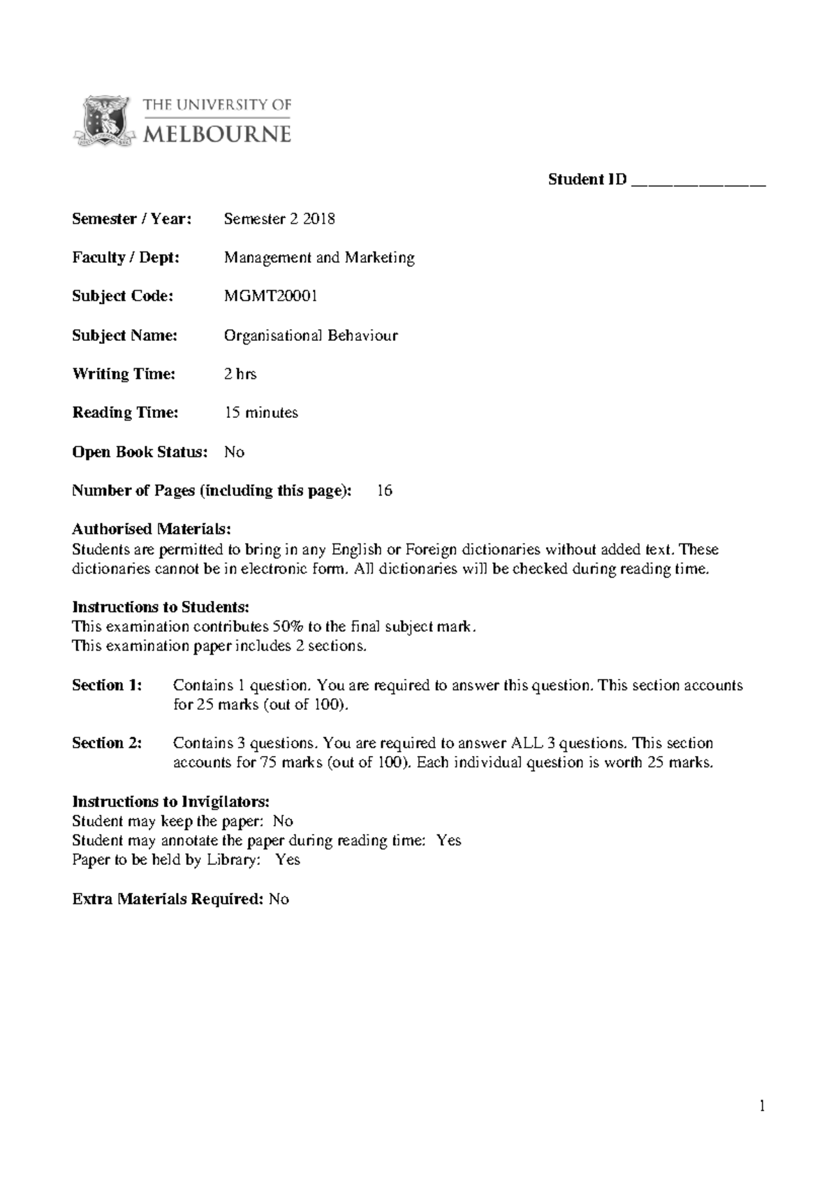 MGMT2000 1 2018 S2 - Organisational Behaviour 2018 Semester 2 exam - MGMT20001 - Unimelb - Studocu