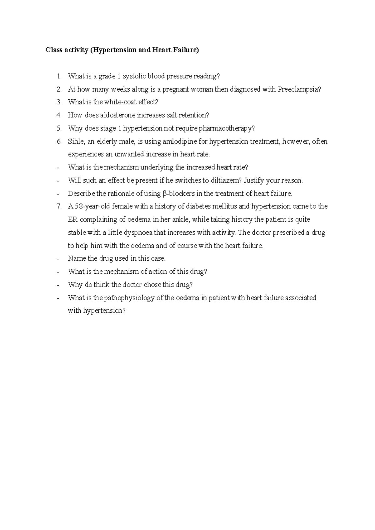 Tutorial Class Questions Hypertension and Heart Failure - Class ...
