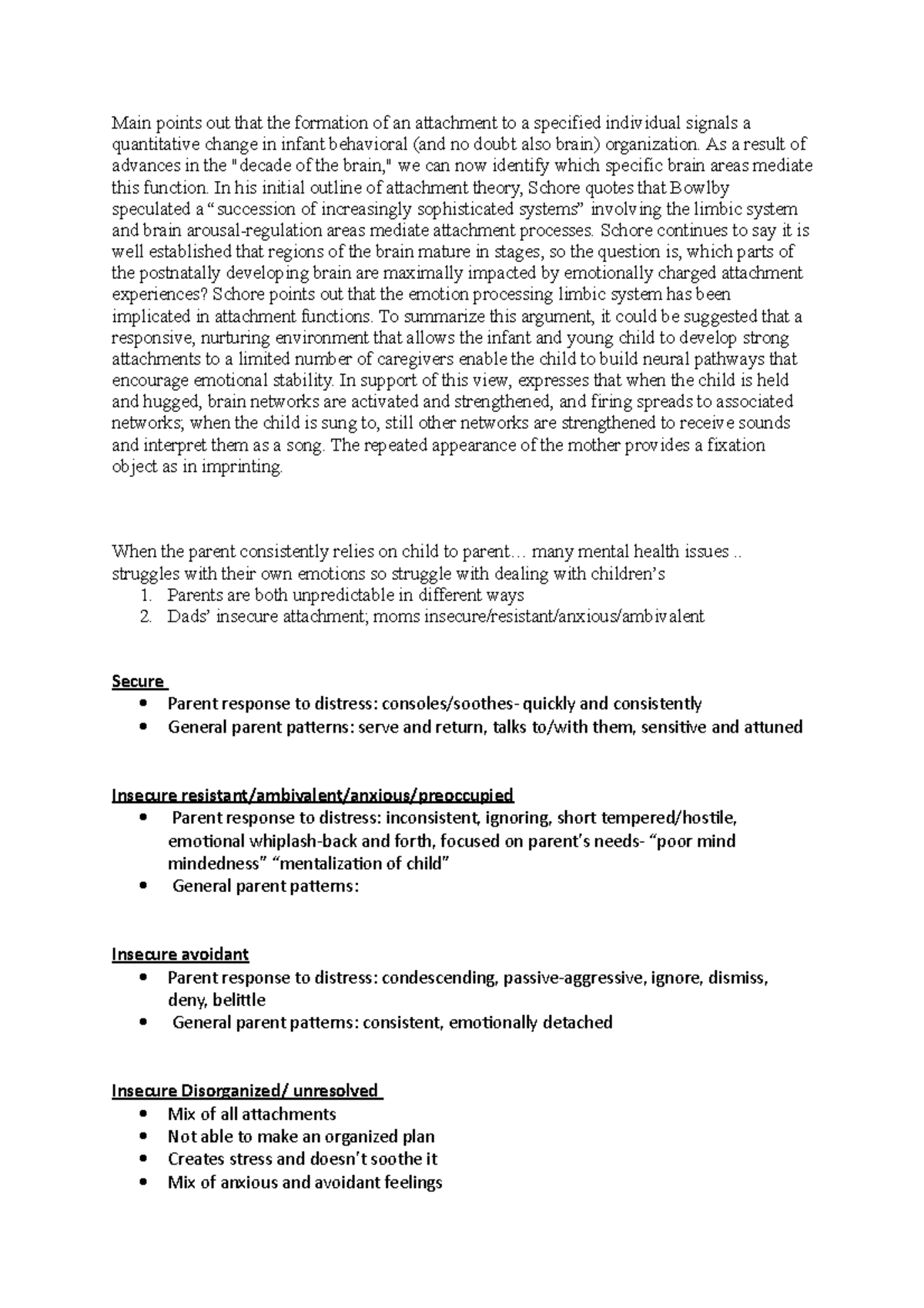 Attachment notes - Main points out that the formation of an attachment ...