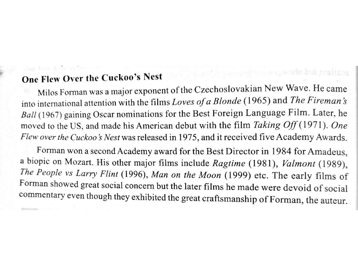 Film studies one flew over the cuckoo's nest - Studocu
