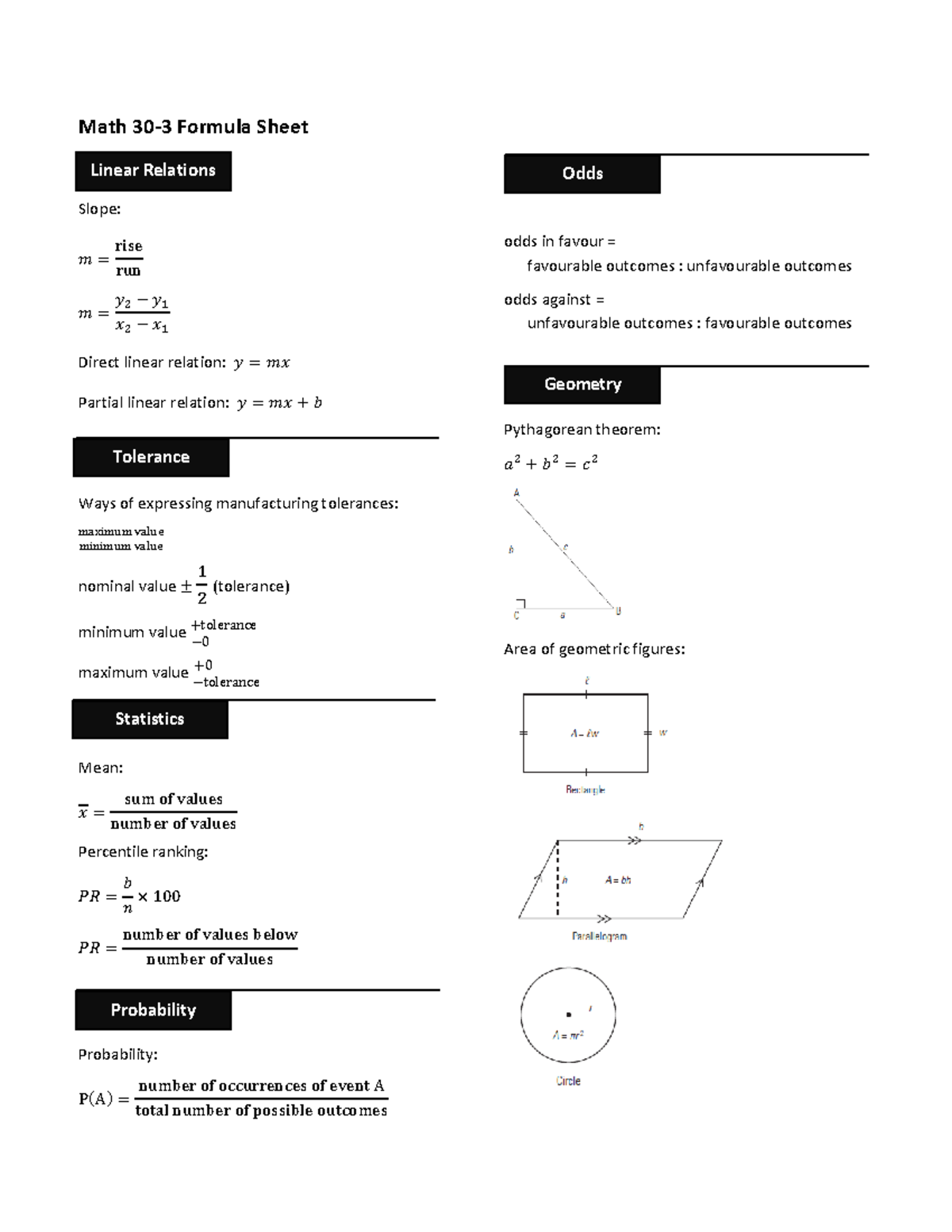 Main math-30-3-formula-sheet - Math 30-3 Formula Sheet Slope: Direct ...