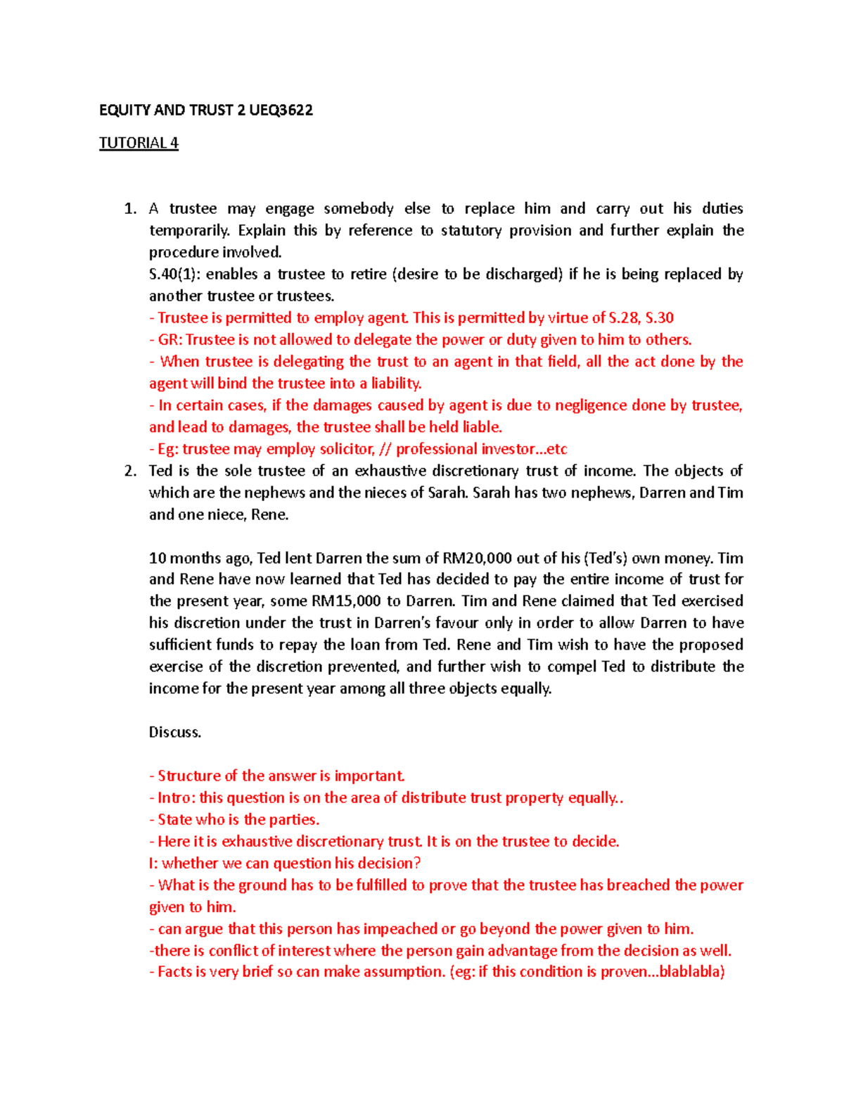 362746 Tutorial 4 - EQUITY AND TRUST 2 UEQ TUTORIAL 4 A trustee may ...