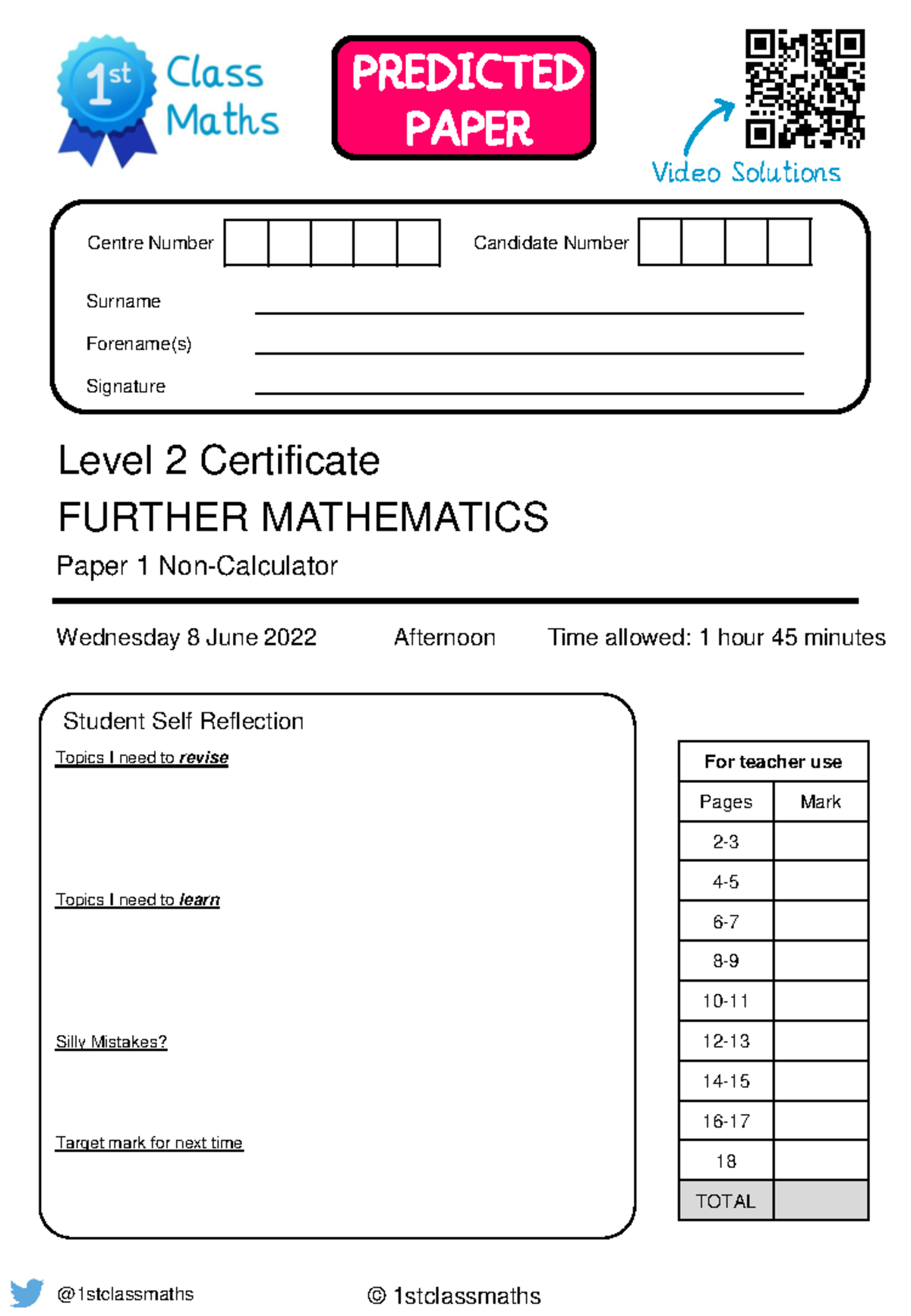 AQA L2 Further Maths Predicted Paper 1 2022 - Student Self Reflection ...