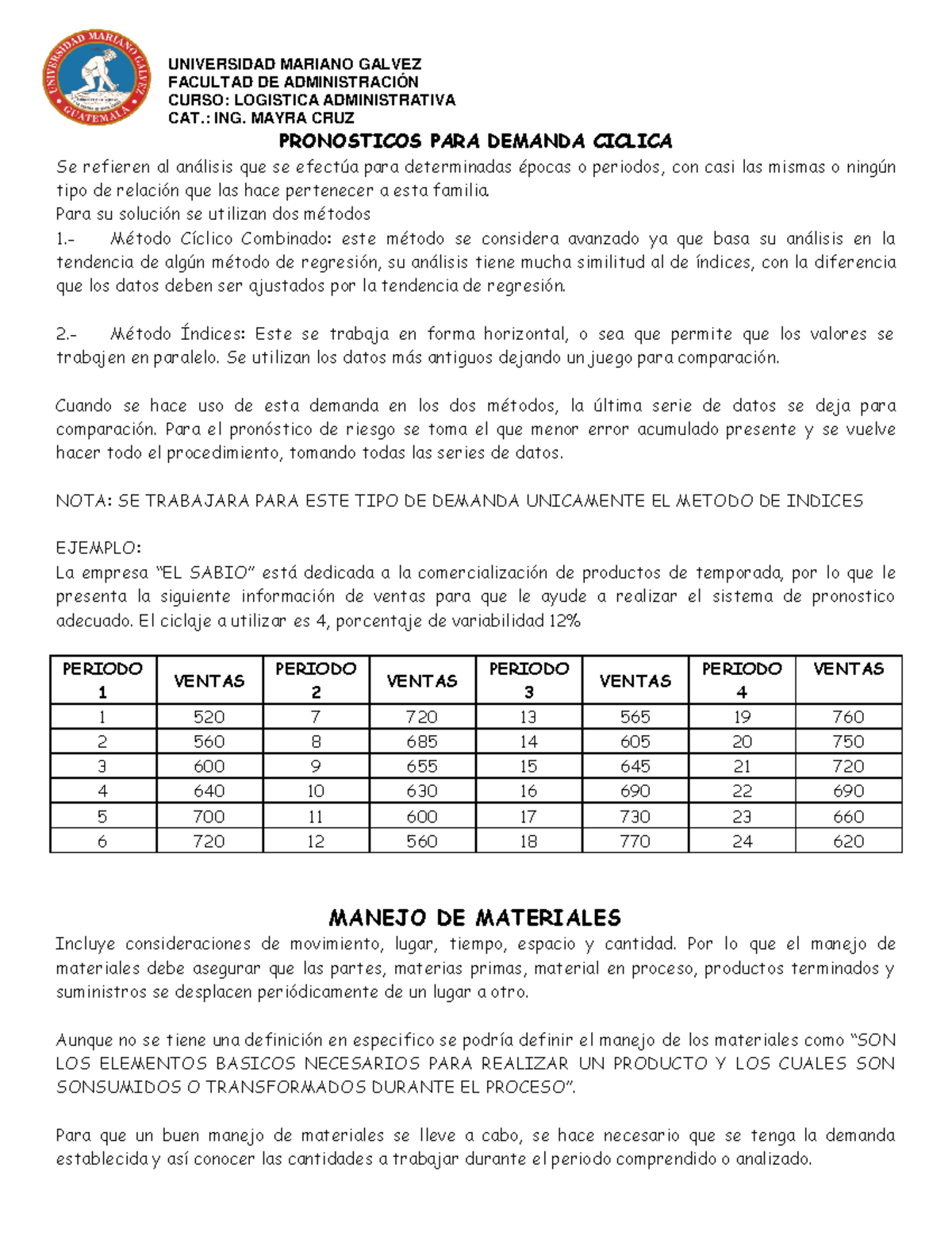 Teoria demanda ciclica y manejo de materiales - UNIVERSIDAD MARIANO ...