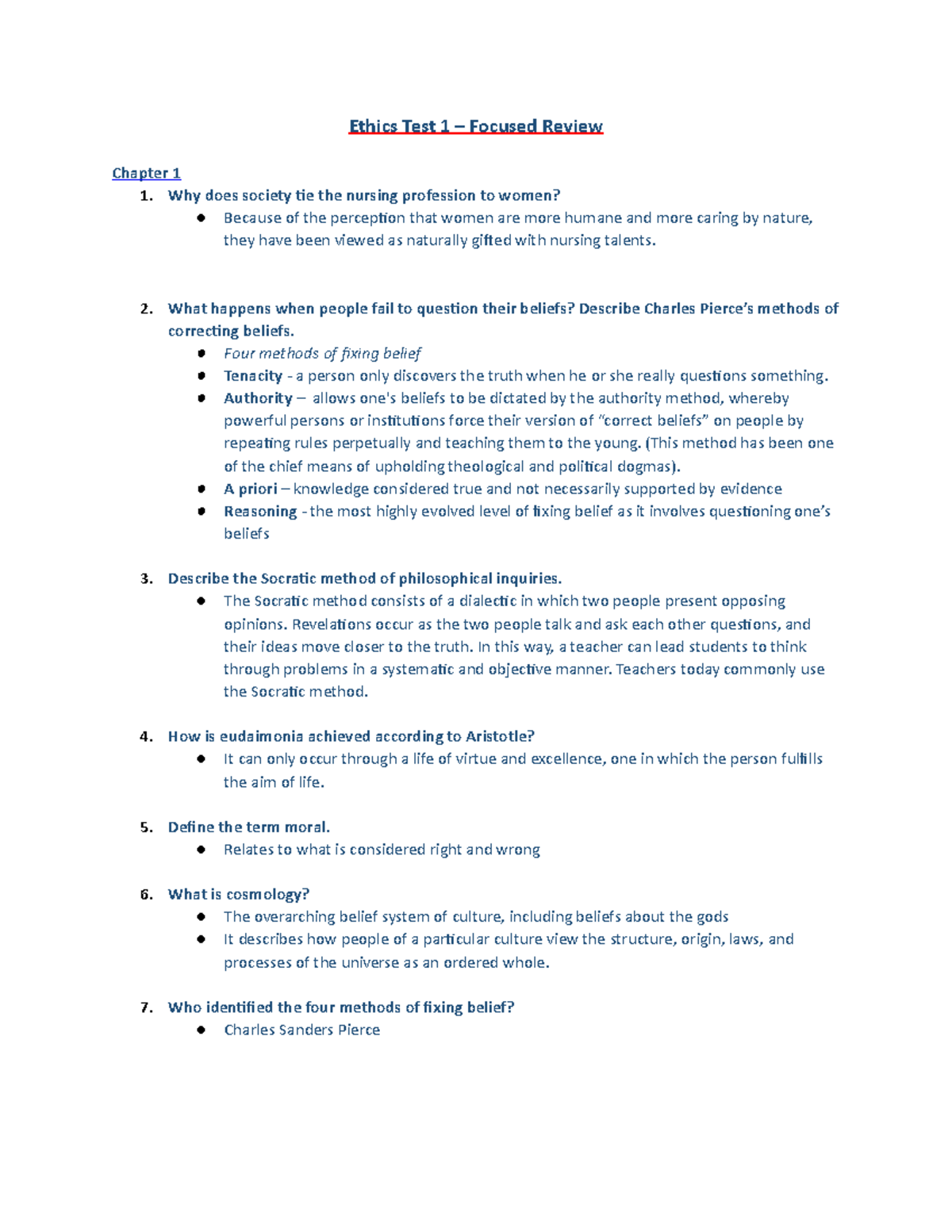 Ethics EXAM 1 Review v AL - Ethics Test 1 – Focused Review Chapter 1 1 ...