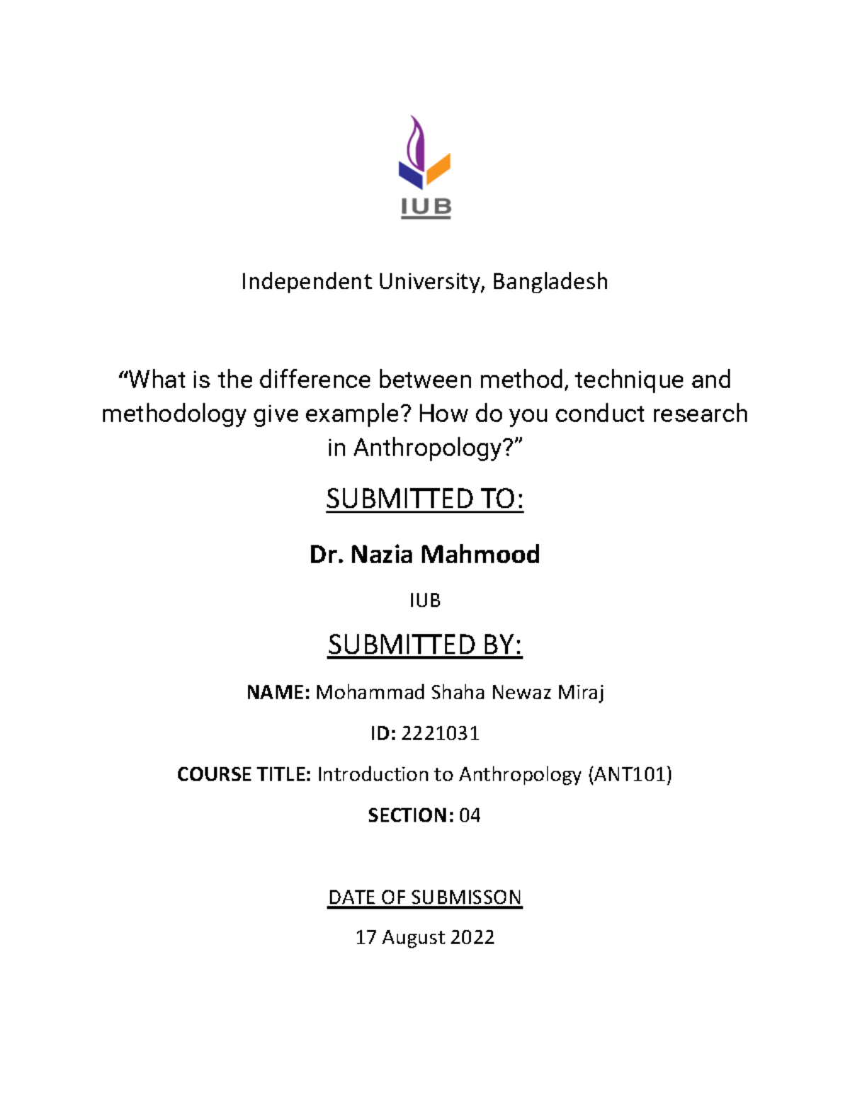 Ant101 Final - Aaaa - Independent University, Bangladesh