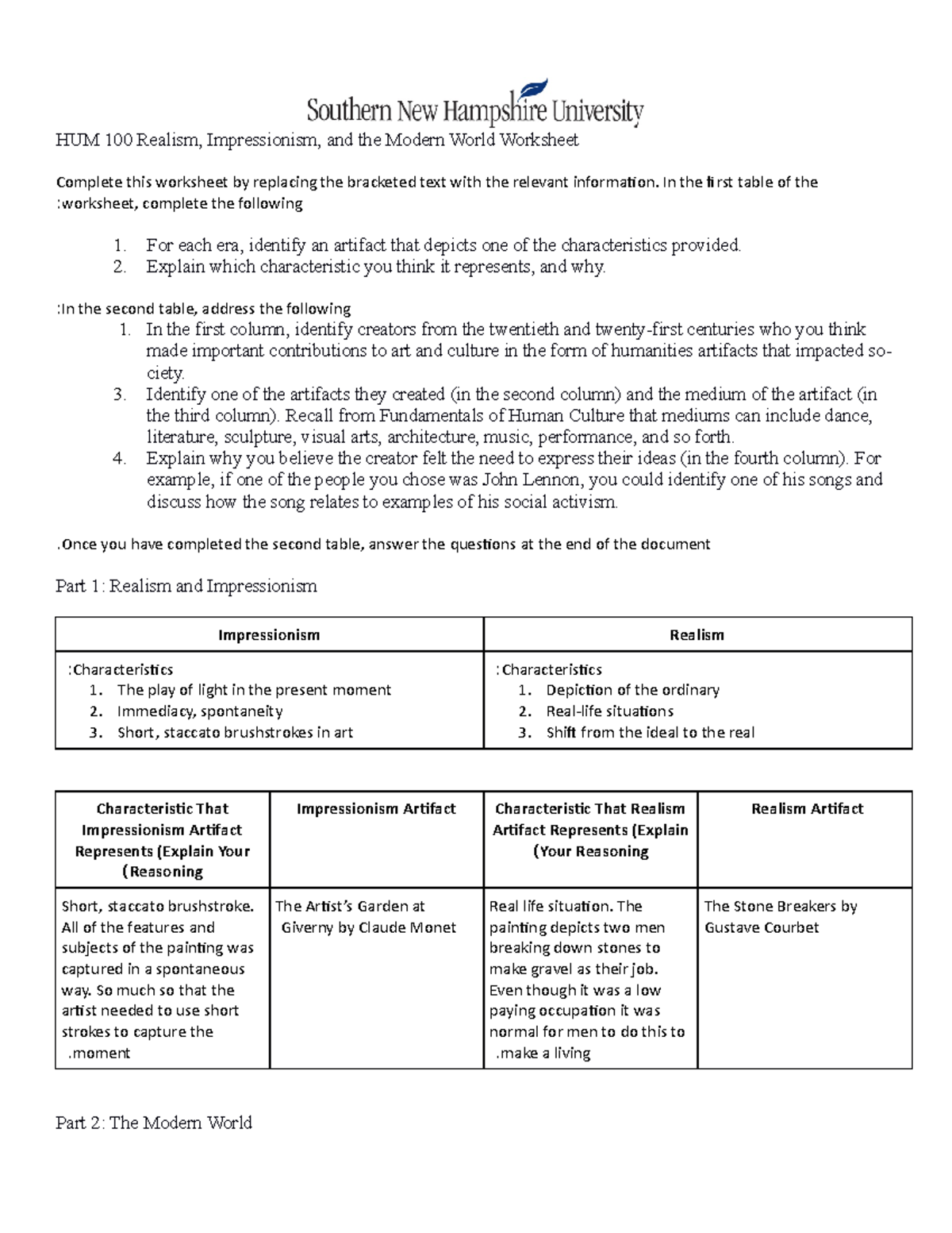 HUM 100 Realism Impressionism and the Modern World Worksheet - HUM 100 ...