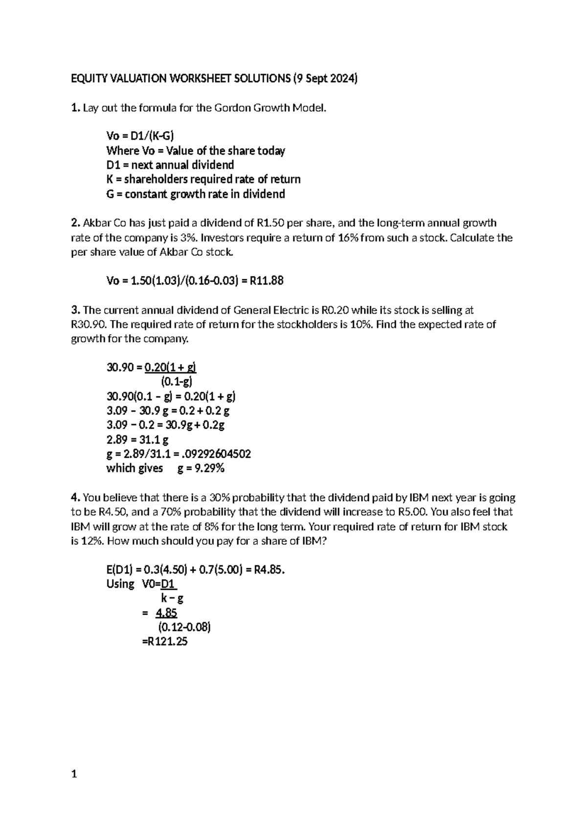 4. DGM Equity valuation solutions groupwork - EQUITY VALUATION ...