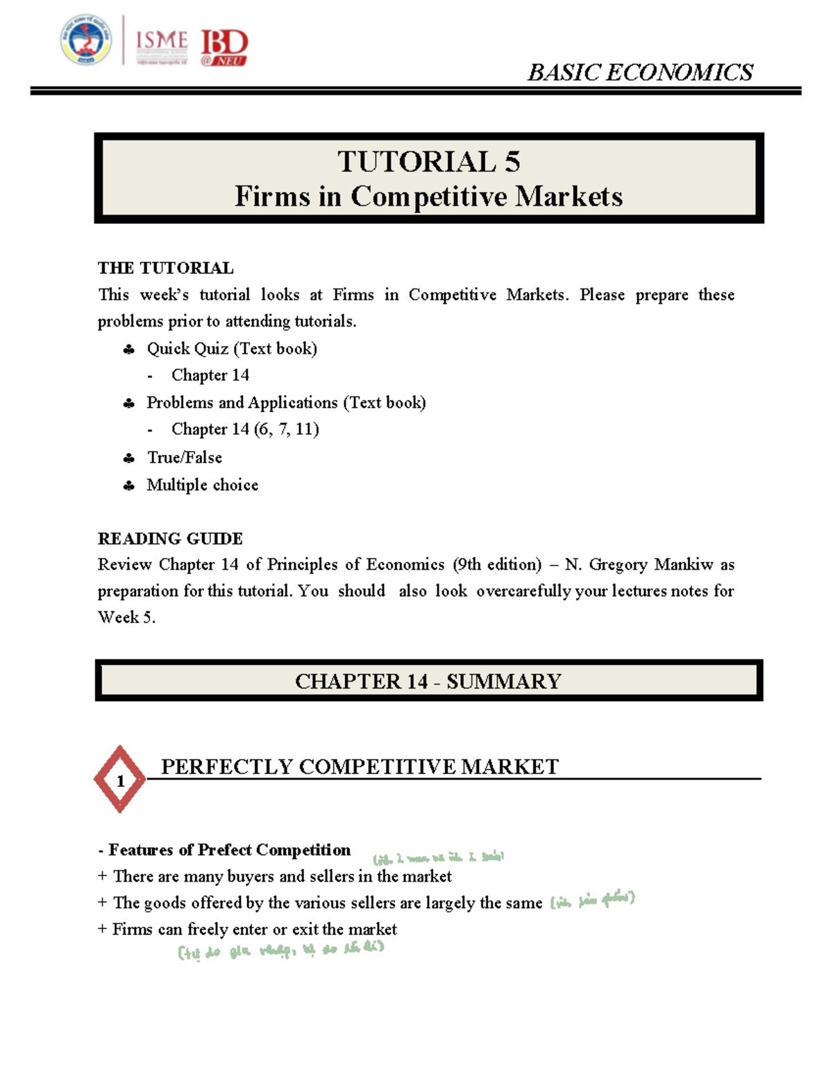 FIRMS IN COMPETITIVE MARKET - TUTORIAL 5 Firms in Competitive Markets ...