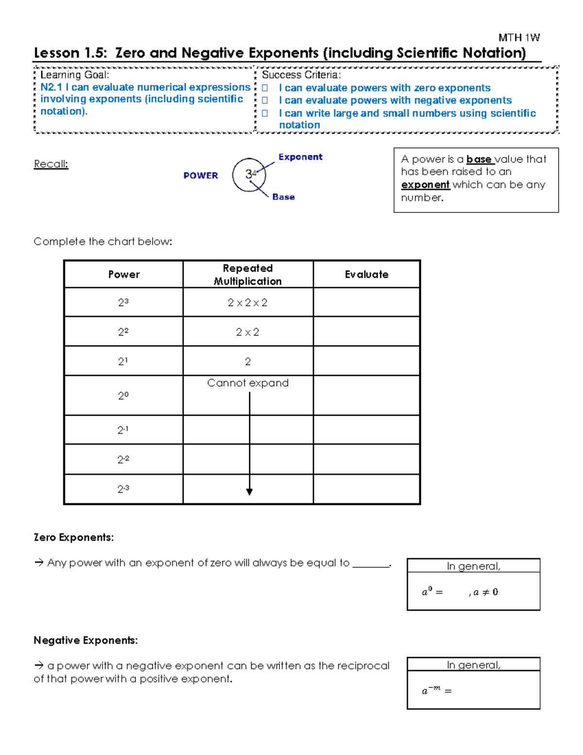 Zero and Negative Exponents - Negative Exponents: → a power with a ...