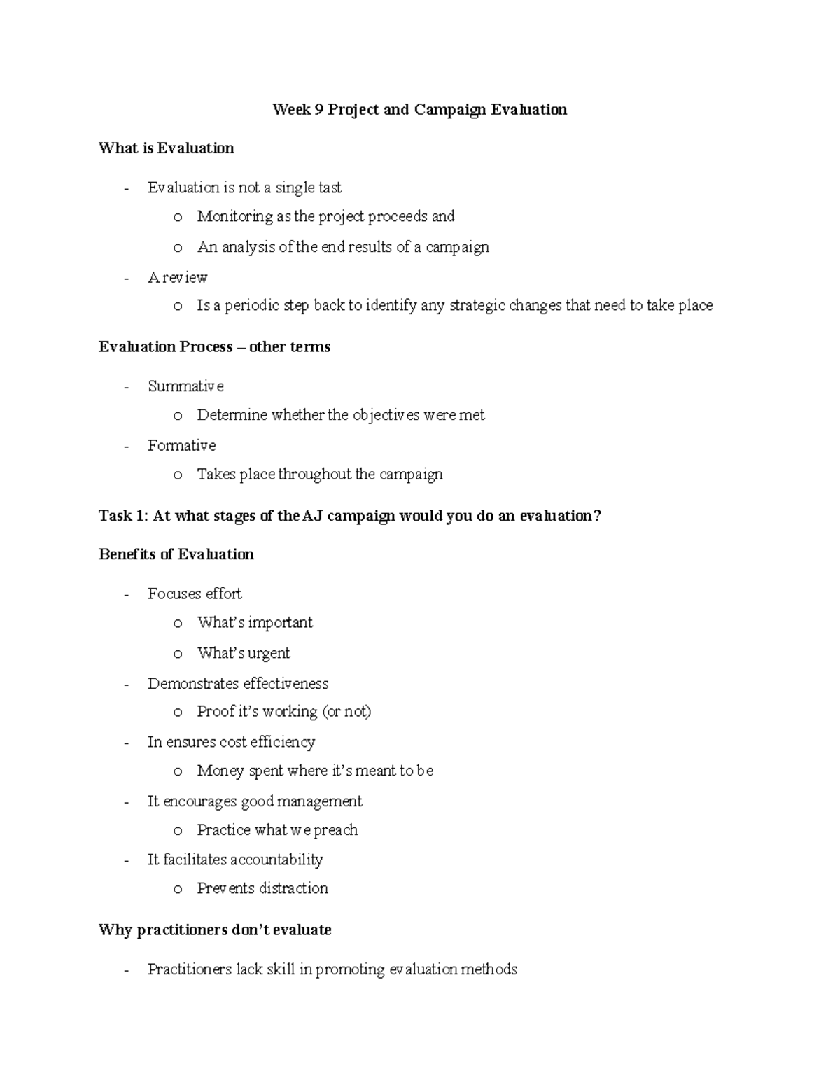Lecture 9 Project and Campaign Evaluation - Week 9 Project and Campaign ...